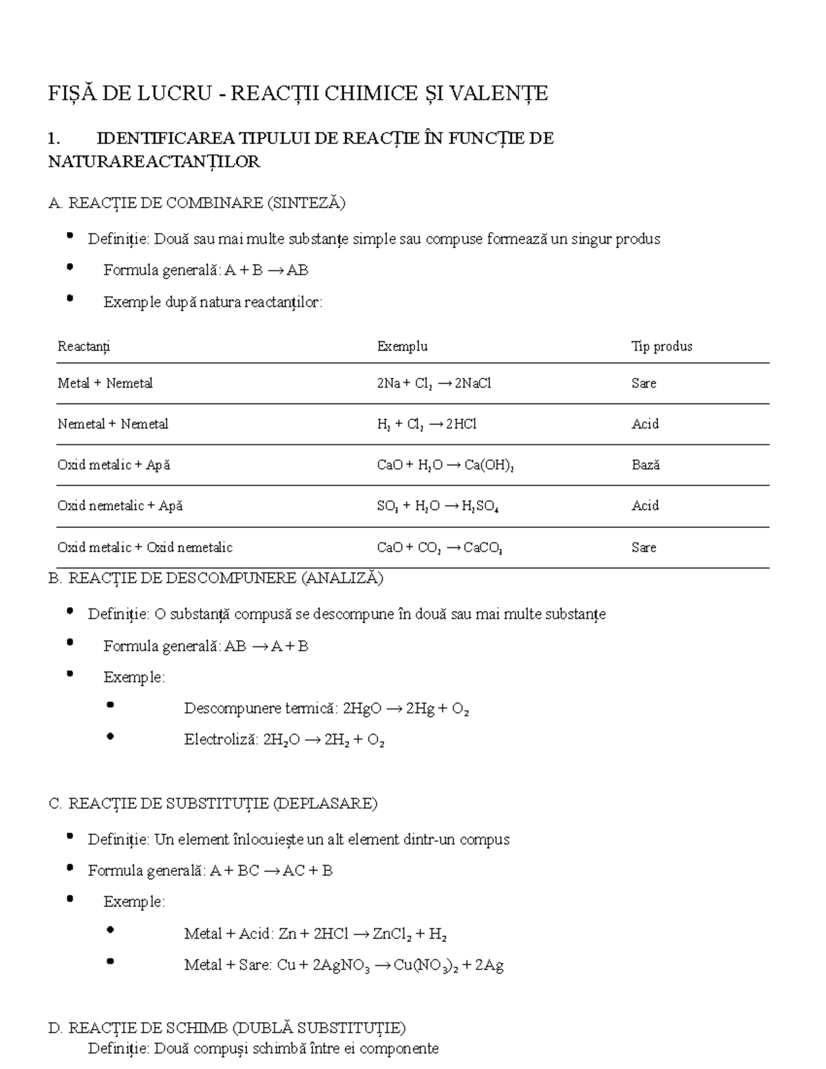 FIȘĂ DE LUCRU CHIMIE: REACȚII ȘI VALENȚE - FIȘA 1 - Studocu