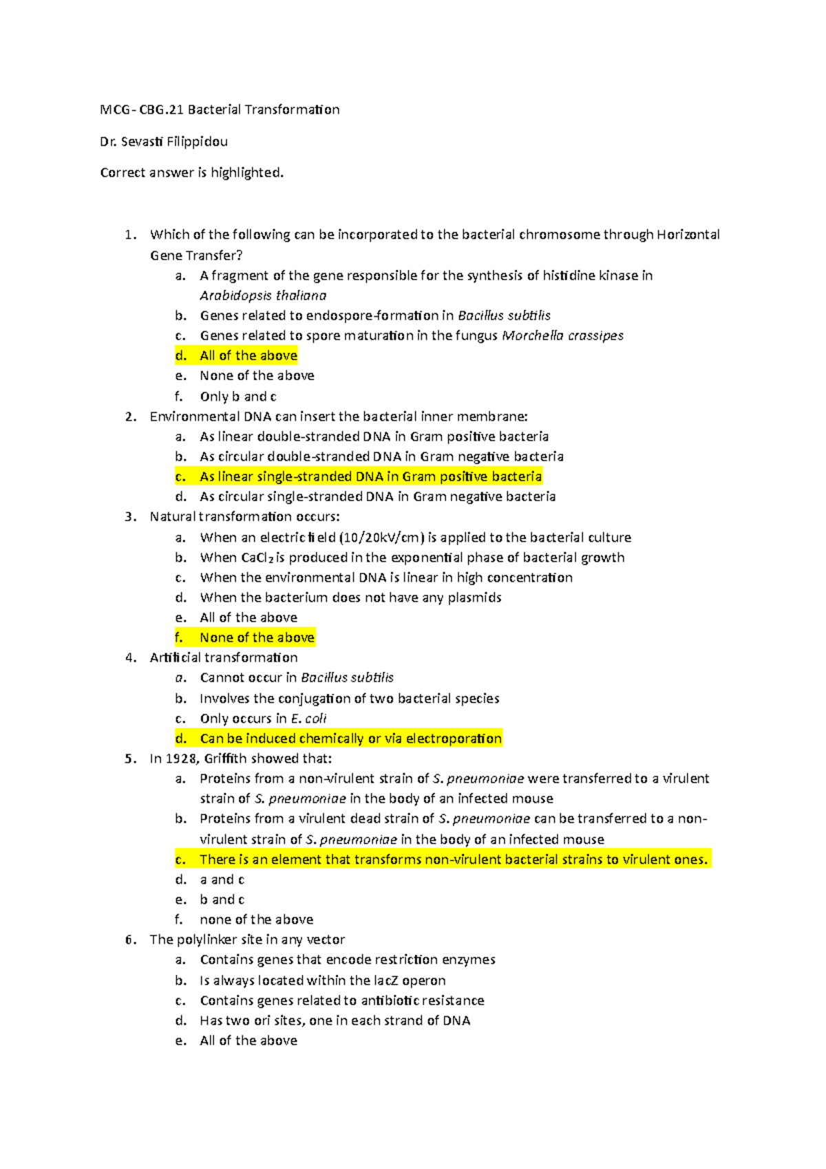 MCG1 - Bacterial transformation MCQ answers - MCG- CBG Bacterial Transformation Dr. Sevasti ...