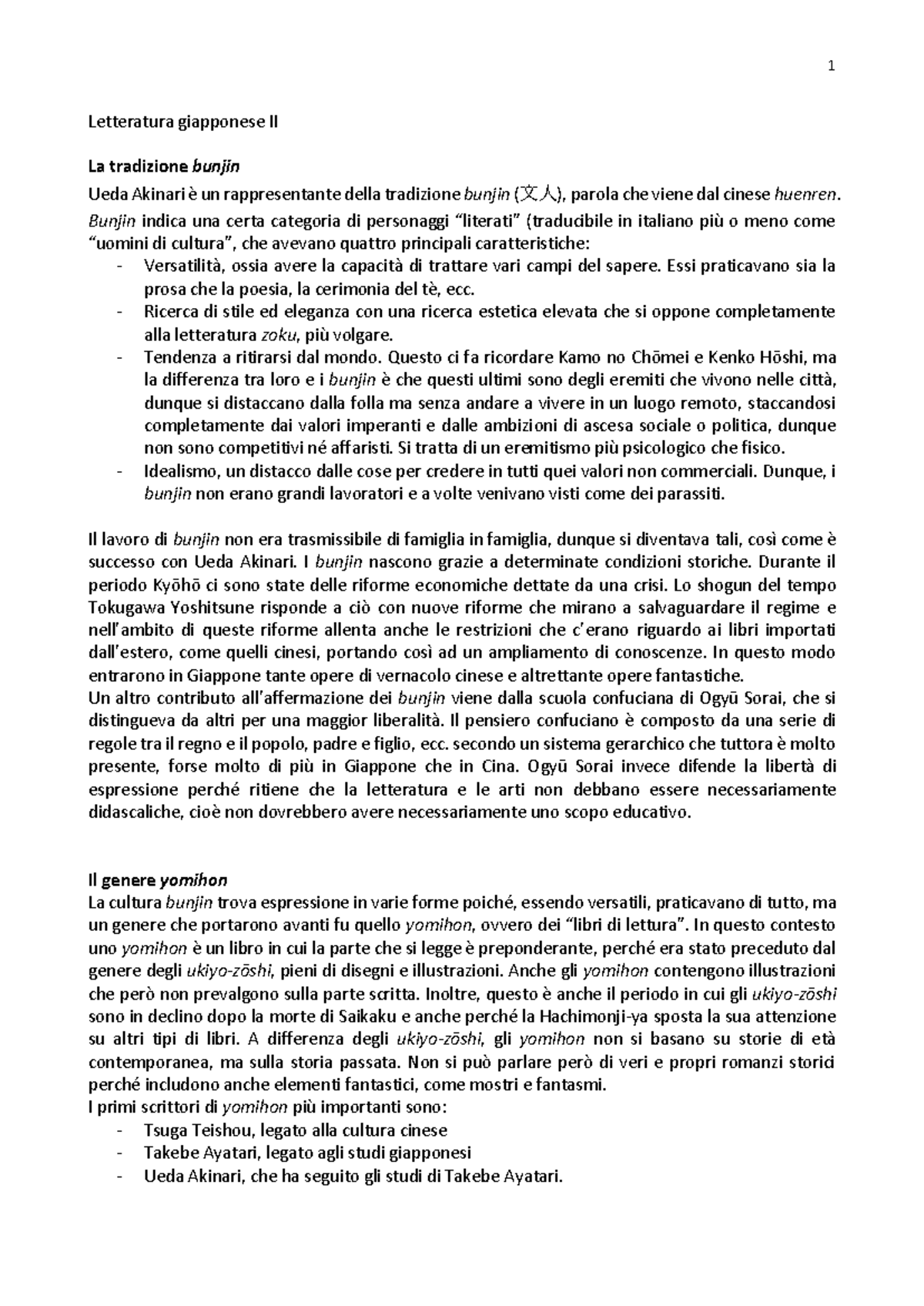 Appunti sul Bunjin e il Yomihon nella Letteratura Giapponese II - Studocu