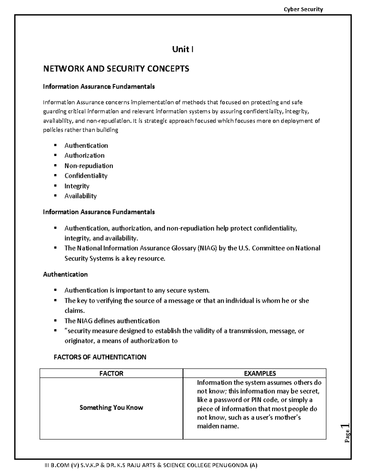 Cyber Security Unit I: Network & Security Concepts Overview - Studocu