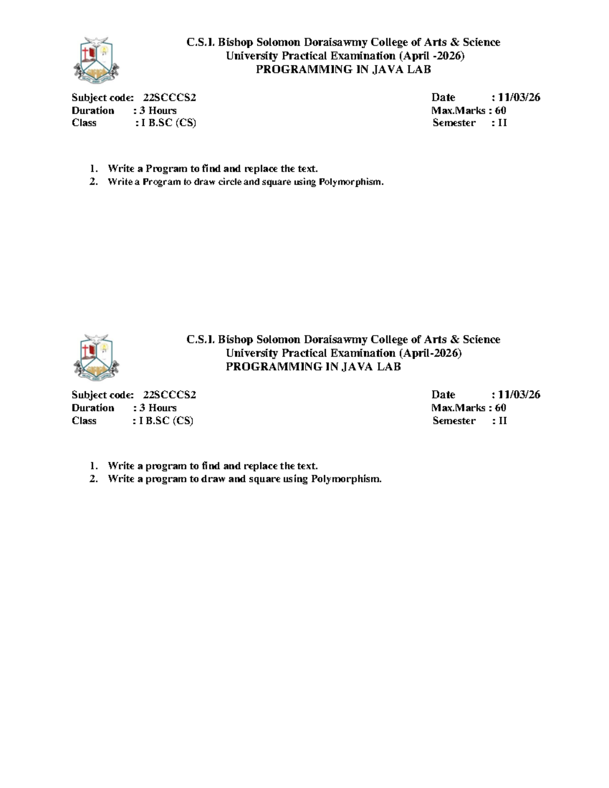 Practical Exam: Programming in Java Lab (CS-1) - April 2023 - Studocu