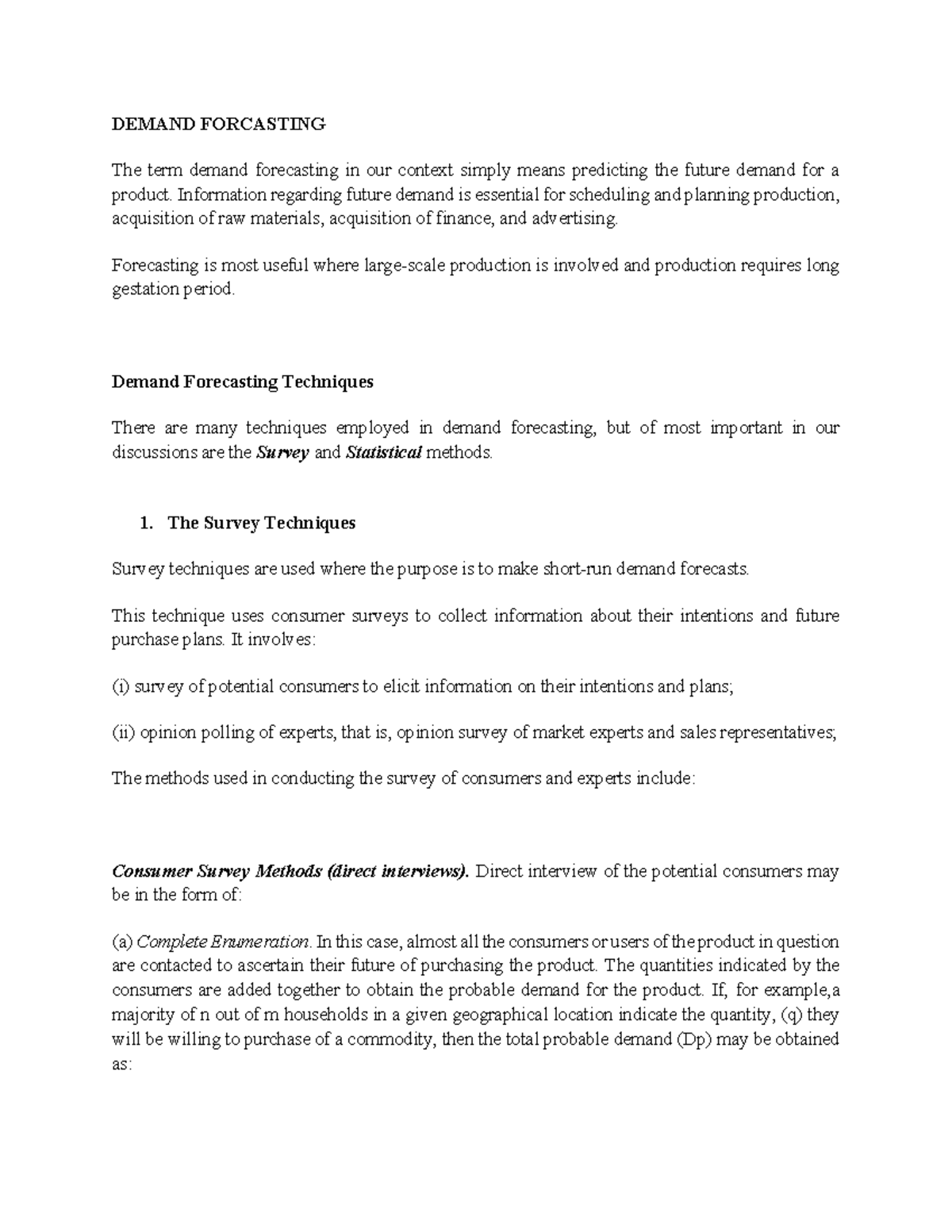 Demand Forecasting Techniques - Lecture Notes (Course Code: DF 201 ...
