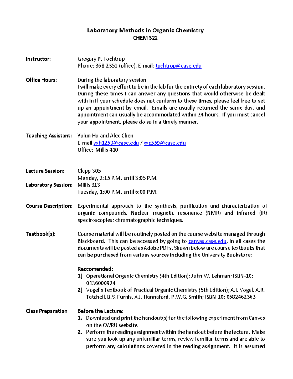 Tochtrop CHEM 322 SP2025 rev2 - Laboratory Methods in Organic Chemistry ...