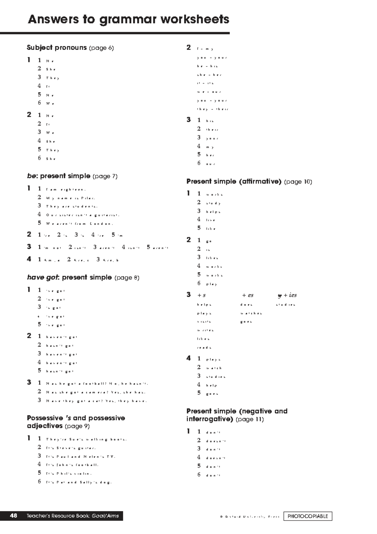 Subject Pronouns & Present Simple Worksheets Answers (Diversificación ...