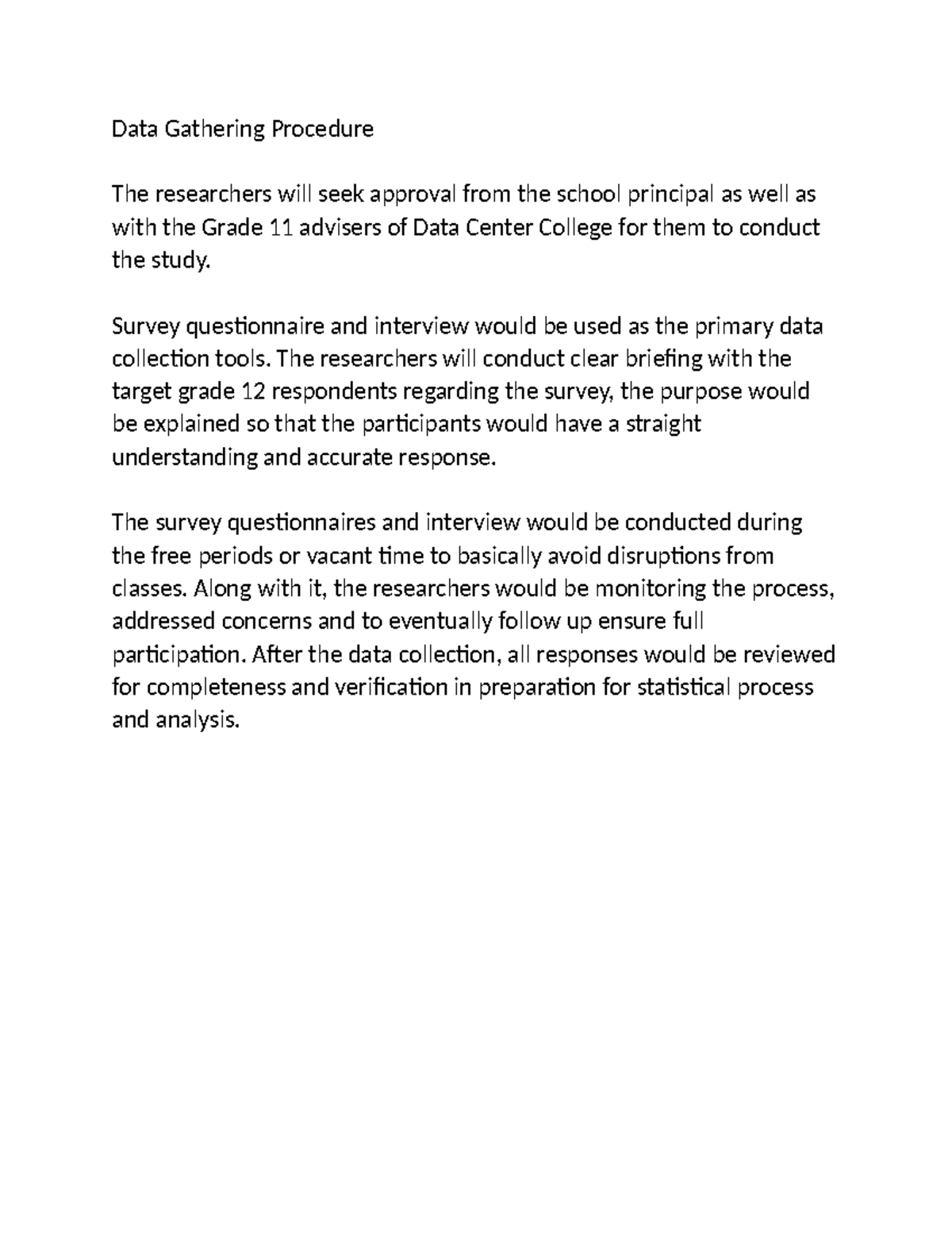 Data Gathering Procedure for Grade 11 Research Study - Studocu