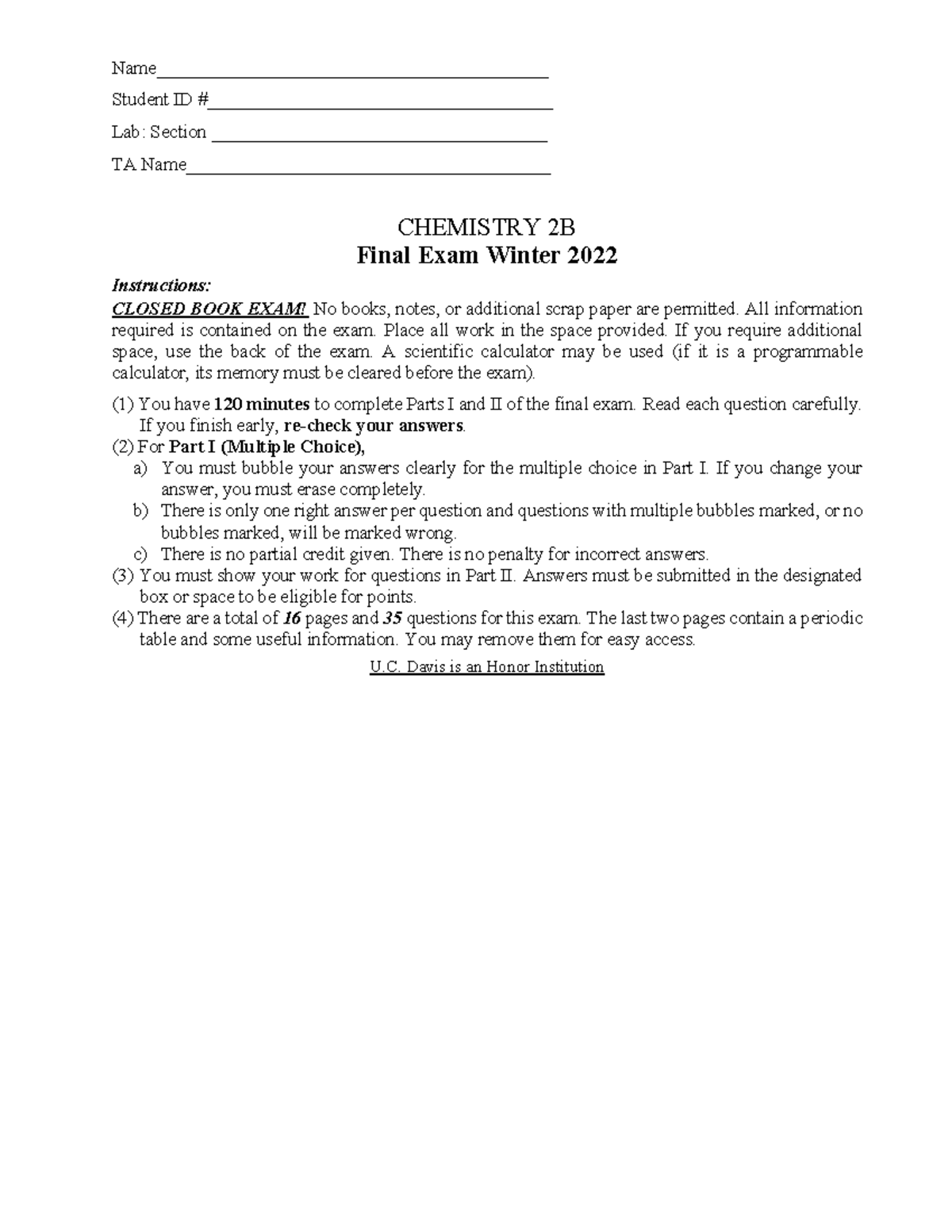 CHE 2B Final Exam Practice Guide for Winter 2022 - Studocu