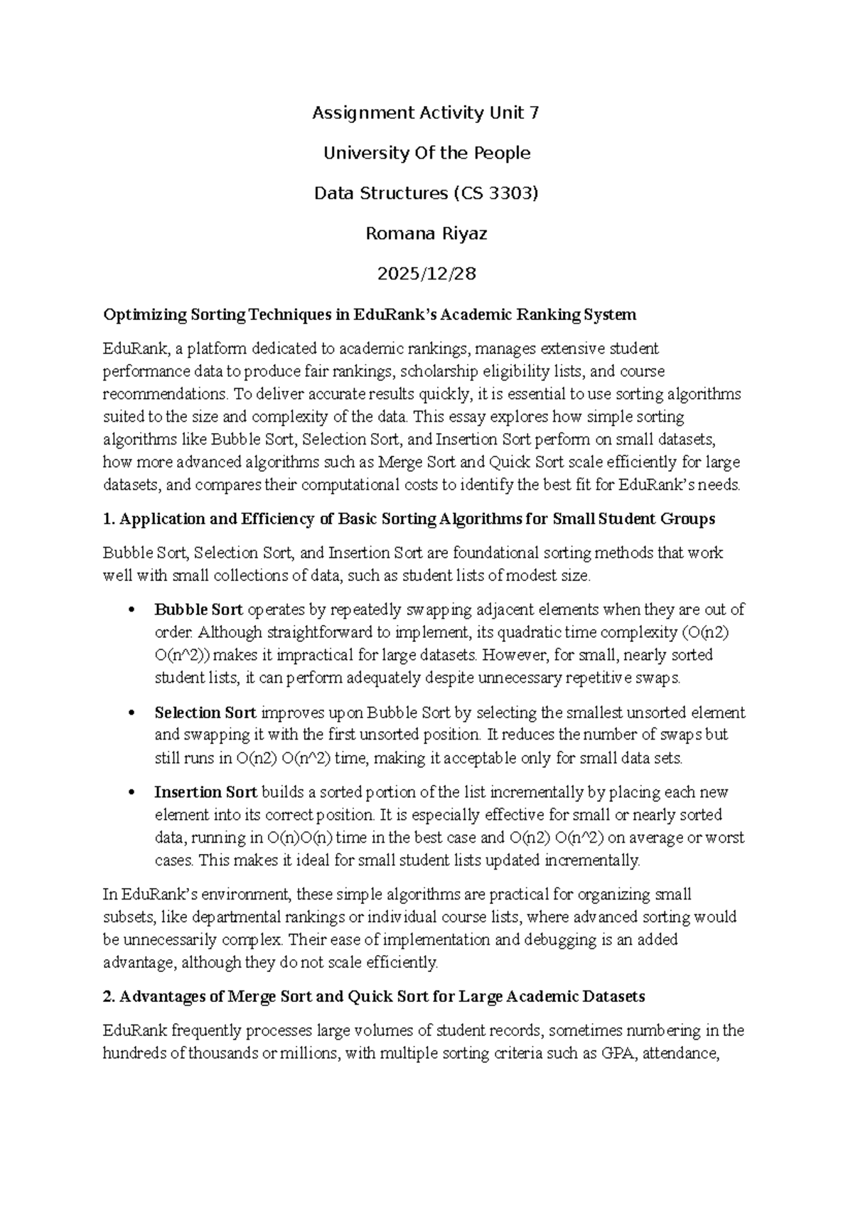 Optimizing Sorting Algorithms for Academic Ranking Systems (CS 3303 ...