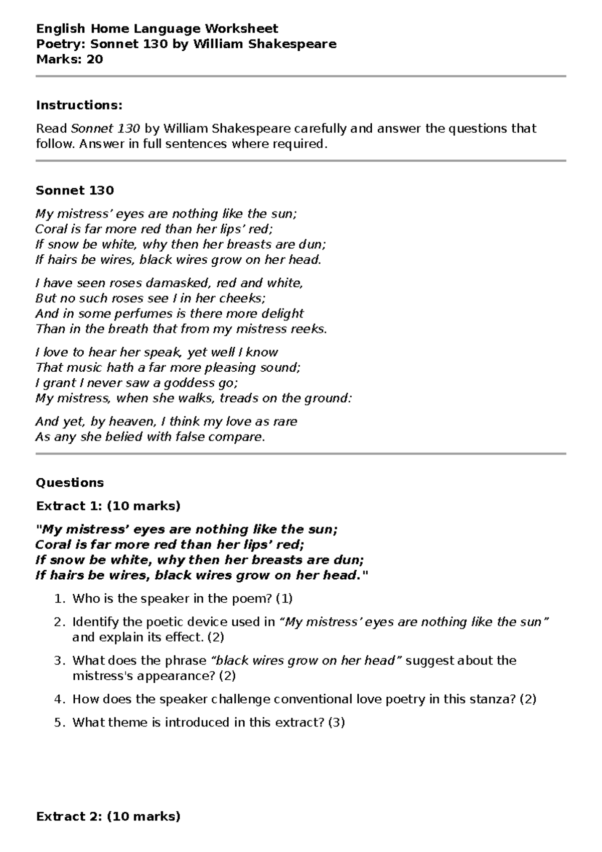 Worksheet Analysis Of Shakespeare S Sonnet 130 Gr12 Poetry Studocu