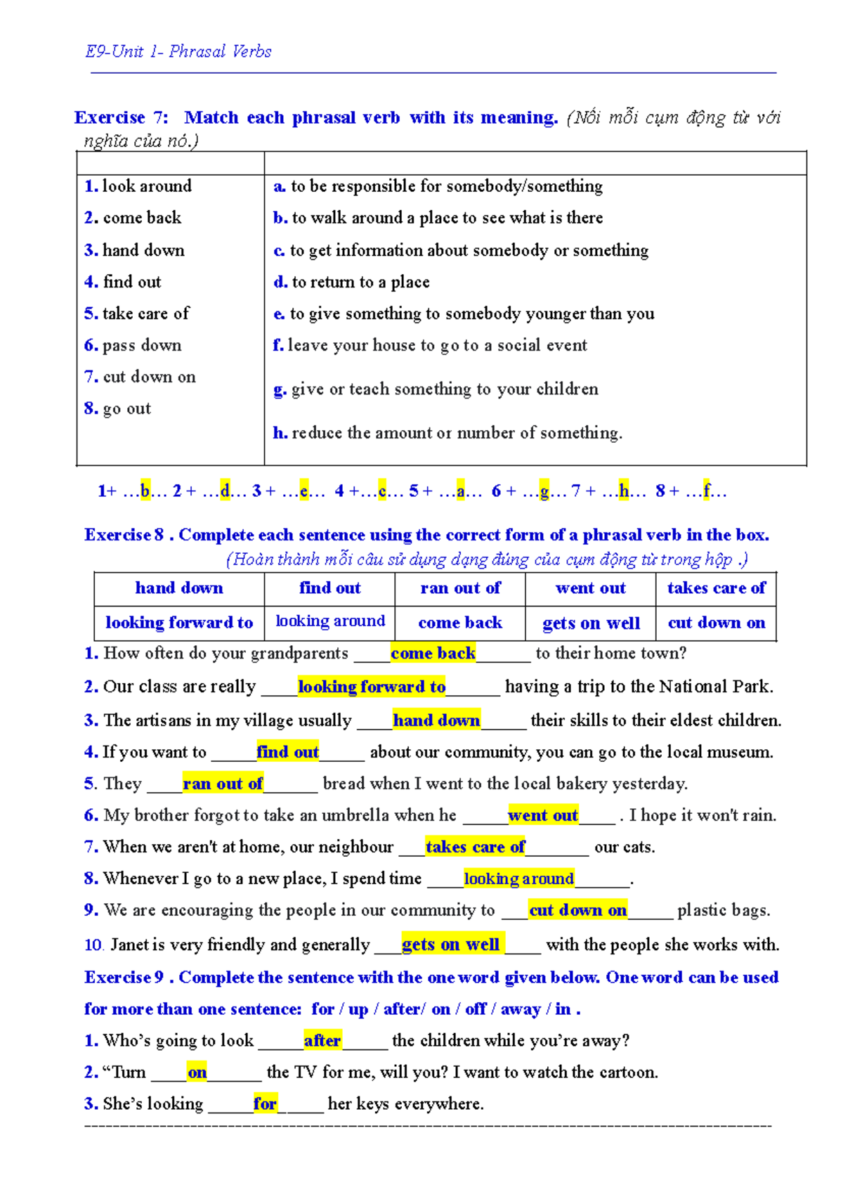 E9 - Unit 1: Phrasal Verbs Exercises & Answers - Studocu