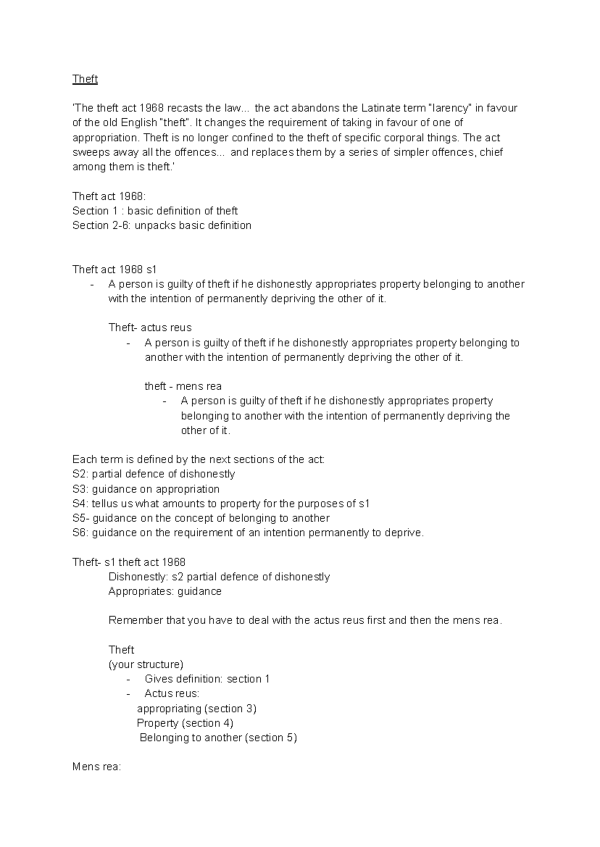 Theft Act 1968: Comprehensive Analysis of Sections 1-6 and Key Concepts ...