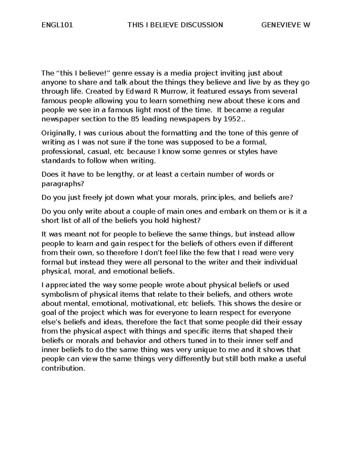 ENGL101 This I Believe Essay Notes: Exploring Personal Beliefs - Studocu