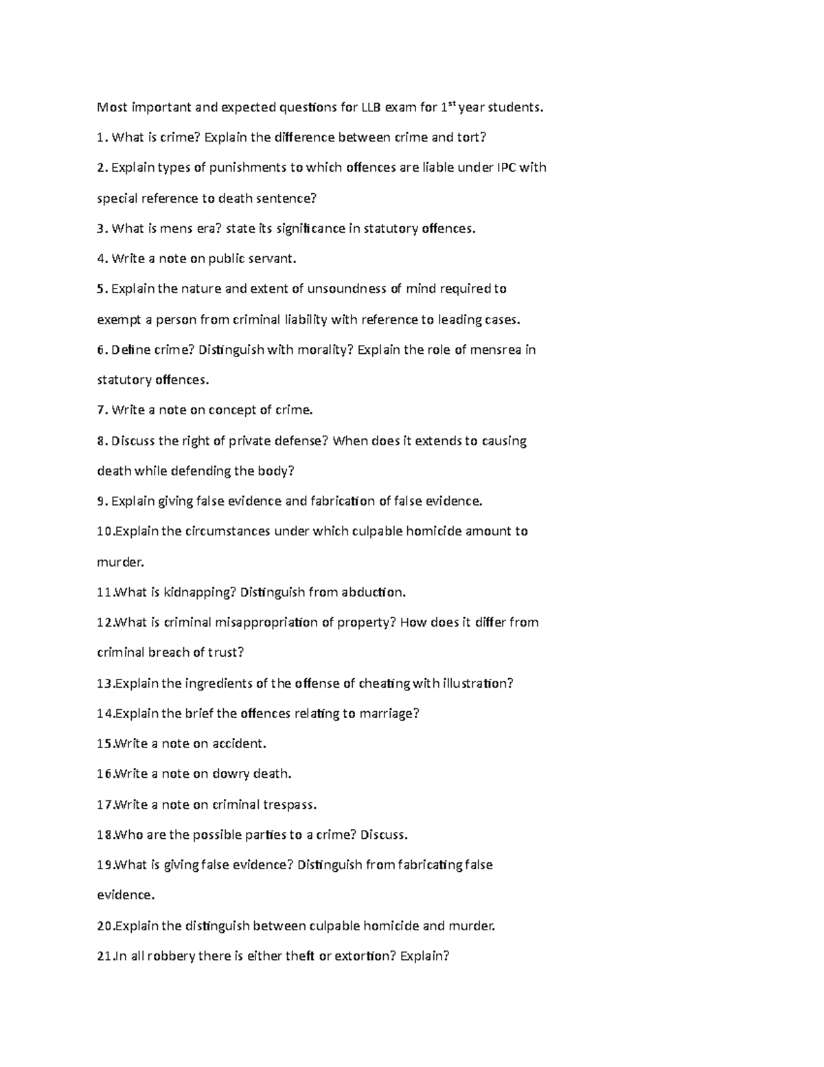 LLB 1st Year Important Q&A Notes for Exam Preparation - Studocu