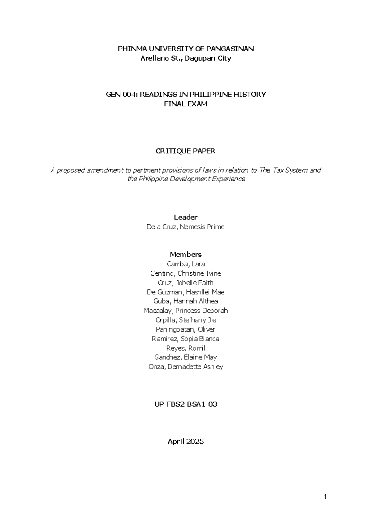 GEN 004: READINGS IN PHILIPPINE HISTORY FINAL EXAM CRITIQUE PAPER - Studocu