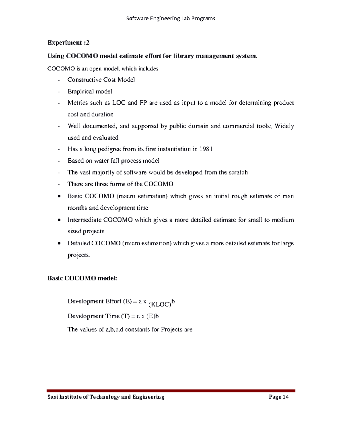 Software Engineering Lab Programs: Exp 2 & 3 - COCOMO & FP Estimation ...