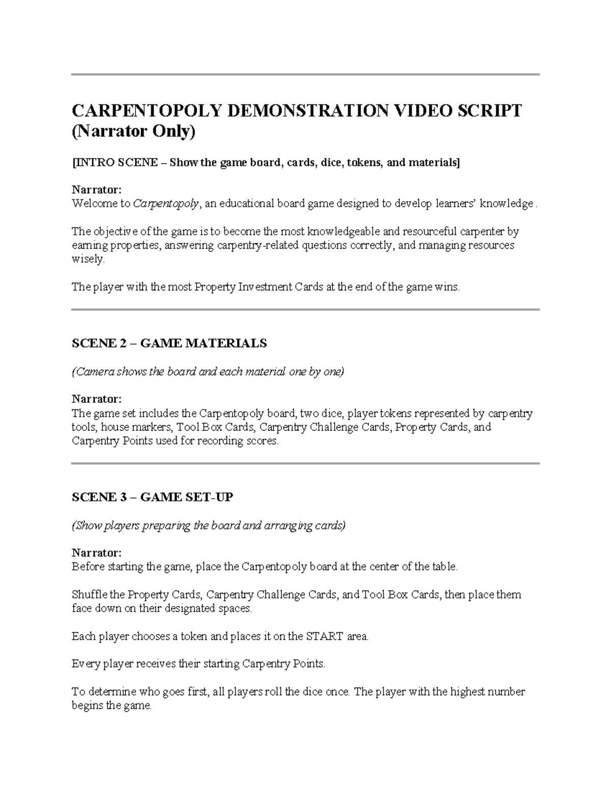 Carpentopoly Game Script (Narrator Only) - Educational Board Game Guide ...