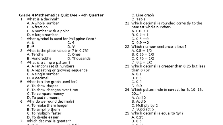 Grade 4 Math Quiz Bee: 4th Quarter Review and Questions - Studocu