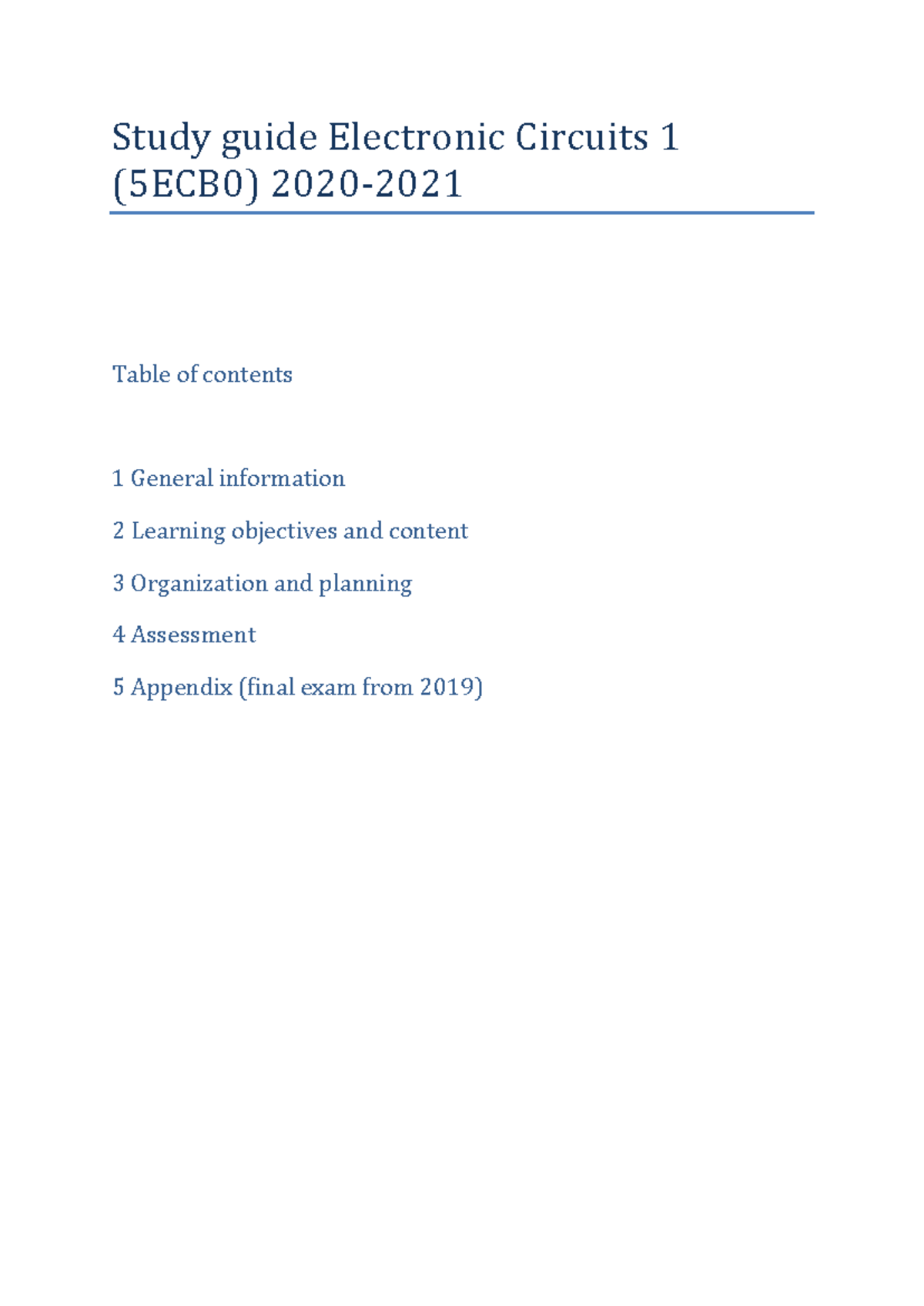 Electronic Circuits 1 Study Guide (5ECB0) for 2020-2021 - Studeersnel