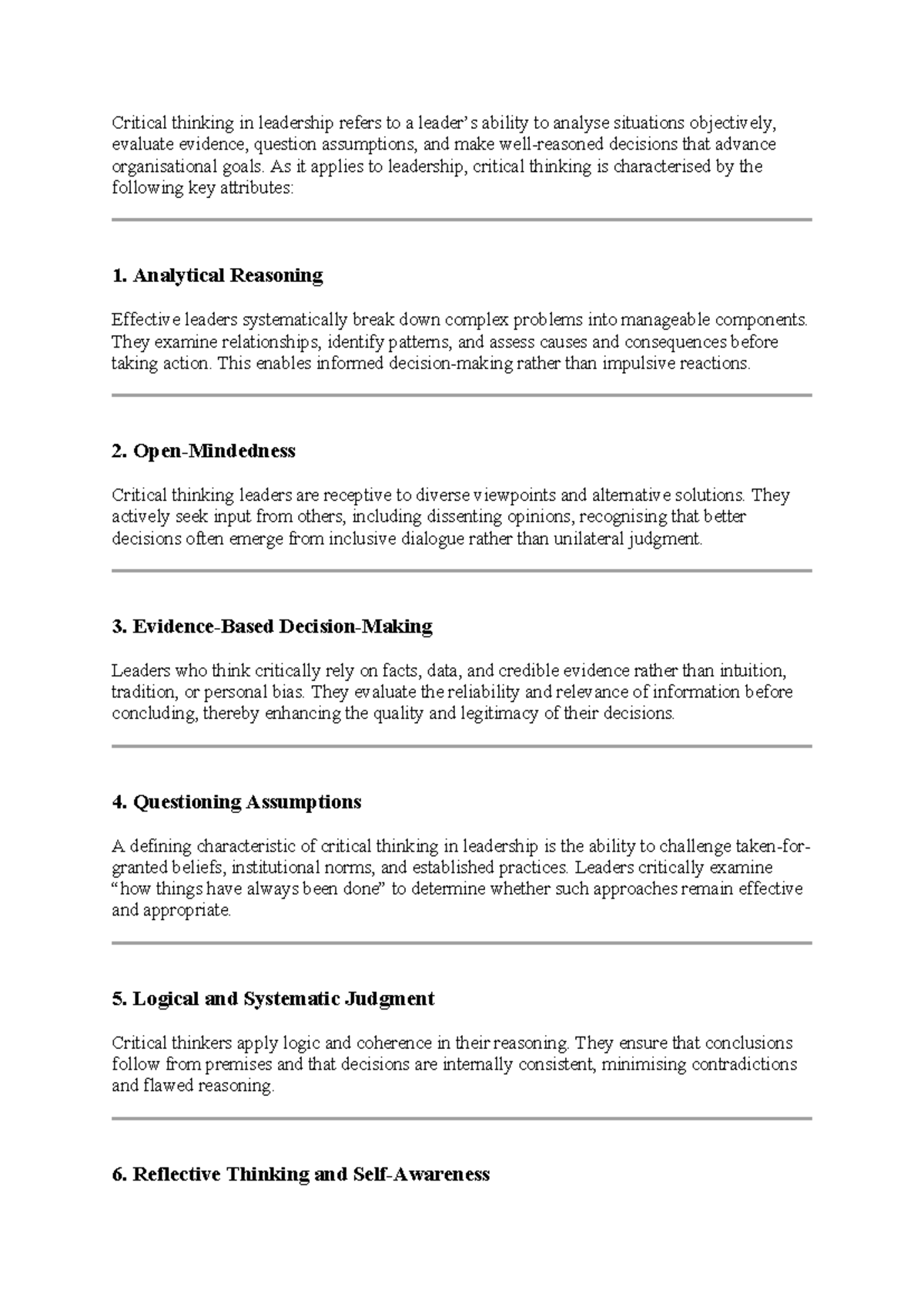 Critical Thinking in Leadership: Key Attributes and Analysis - Studocu