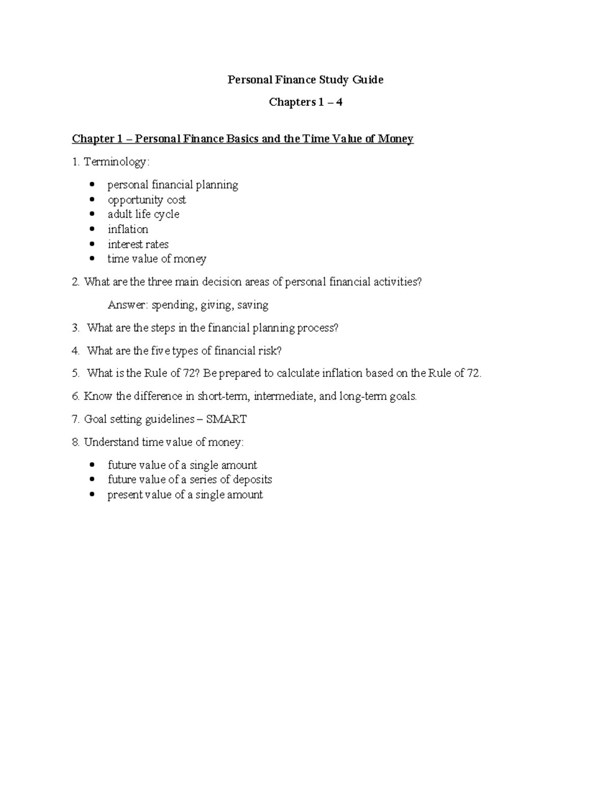 Personal Finance Study Guide: Chapters 1-4 Overview - Studocu