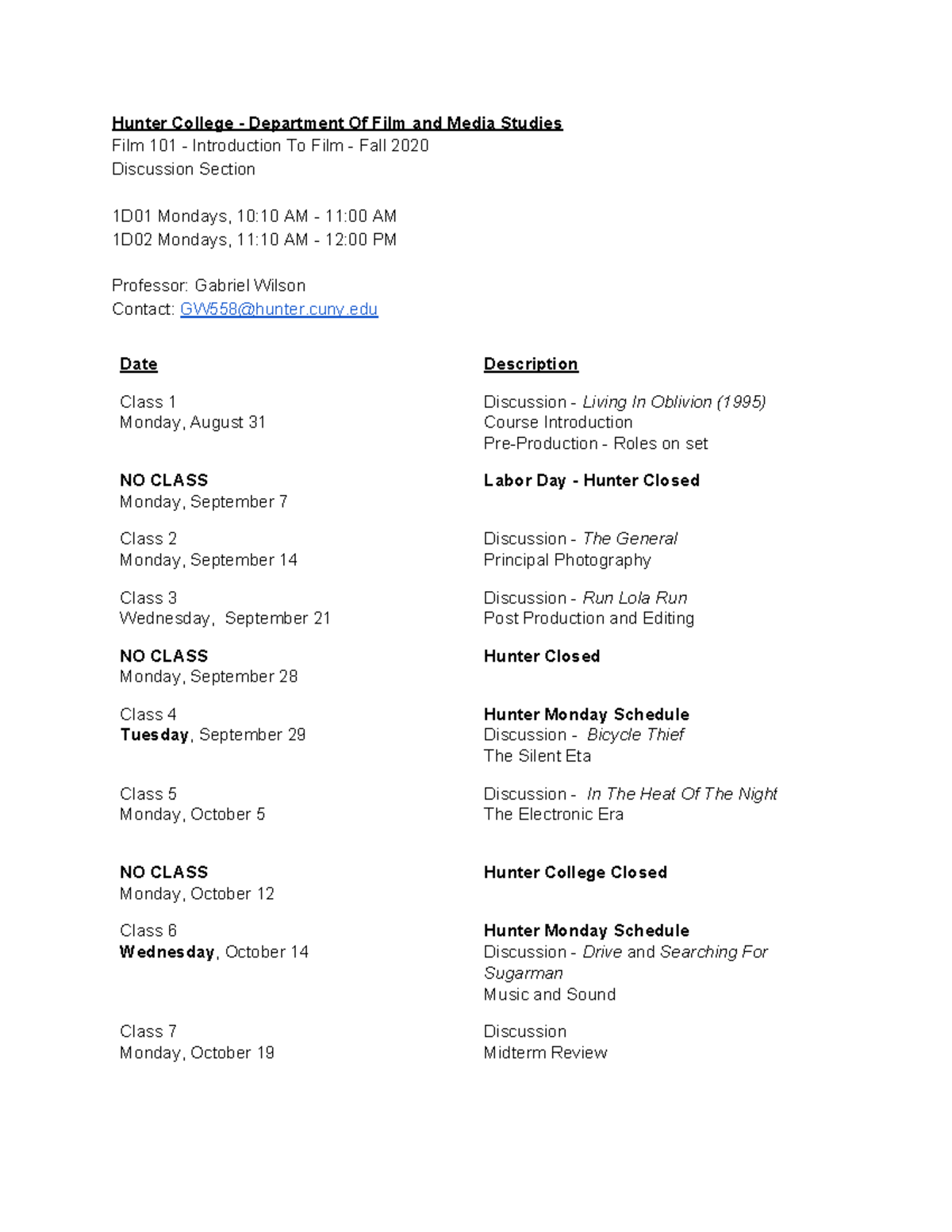 Film 101 Syllabus - Intro to Film, Fall 2020 - Hunter College - Studocu