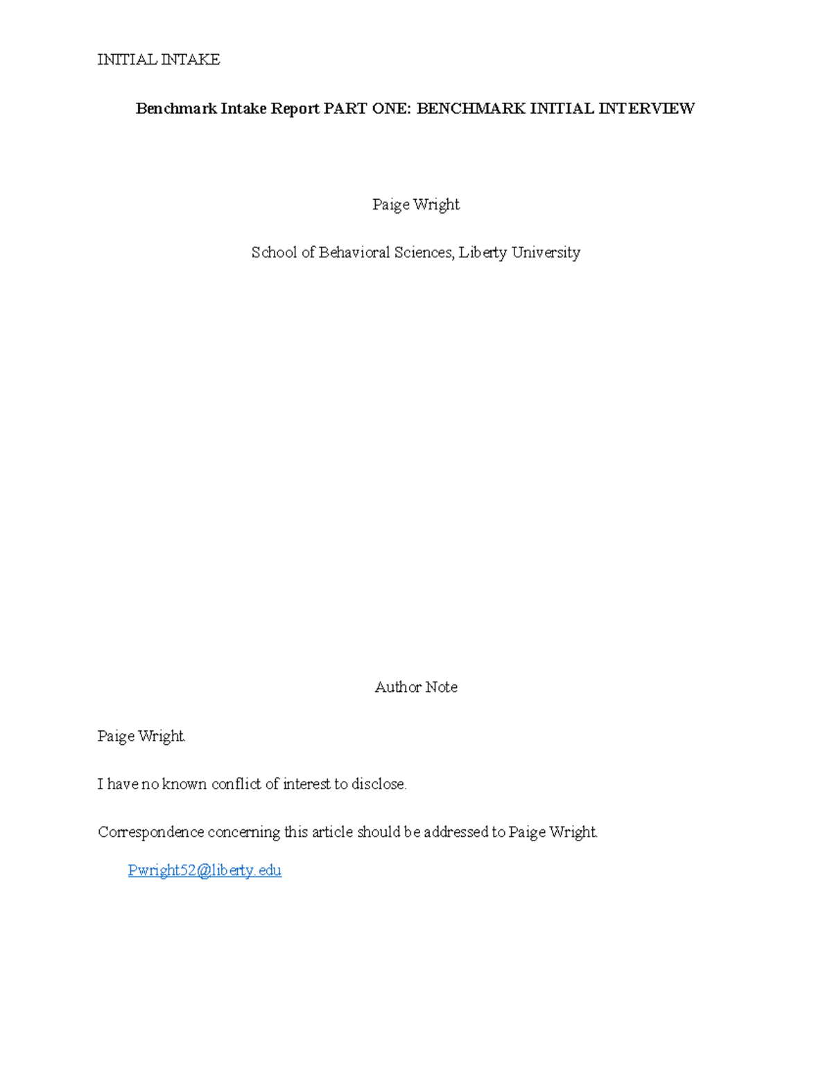 Benchmark Intake Report w. mental status - Benchmark Intake Report PART ...