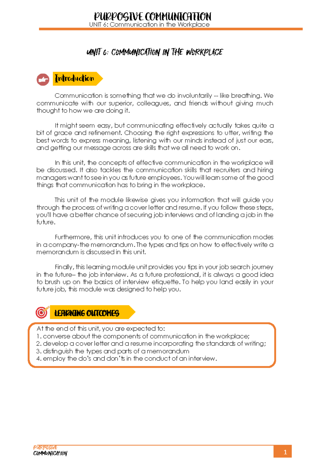 Purcom - UNIT 6 - UNIT 6: Communication in the Workplace Workplace ...