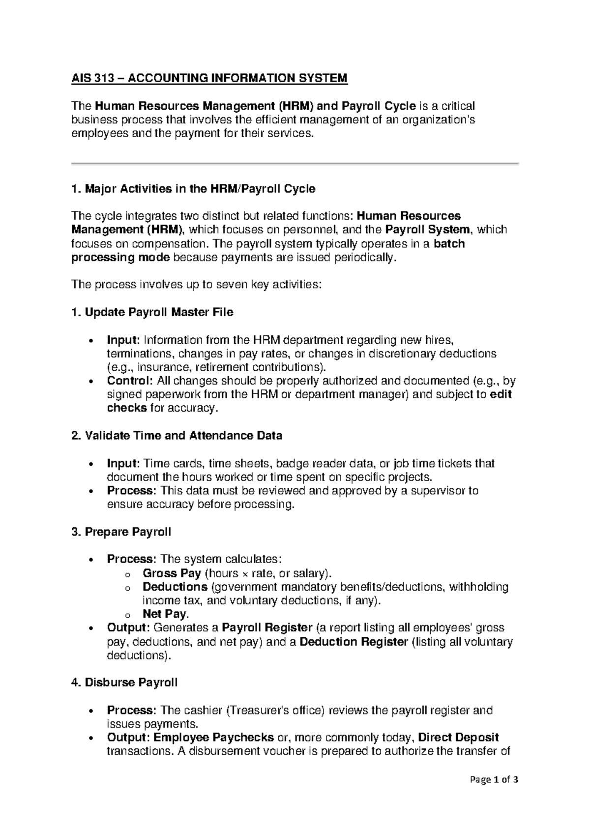 AIS 313 The HRM and Payroll Cycle: Key Activities and Controls - Studocu