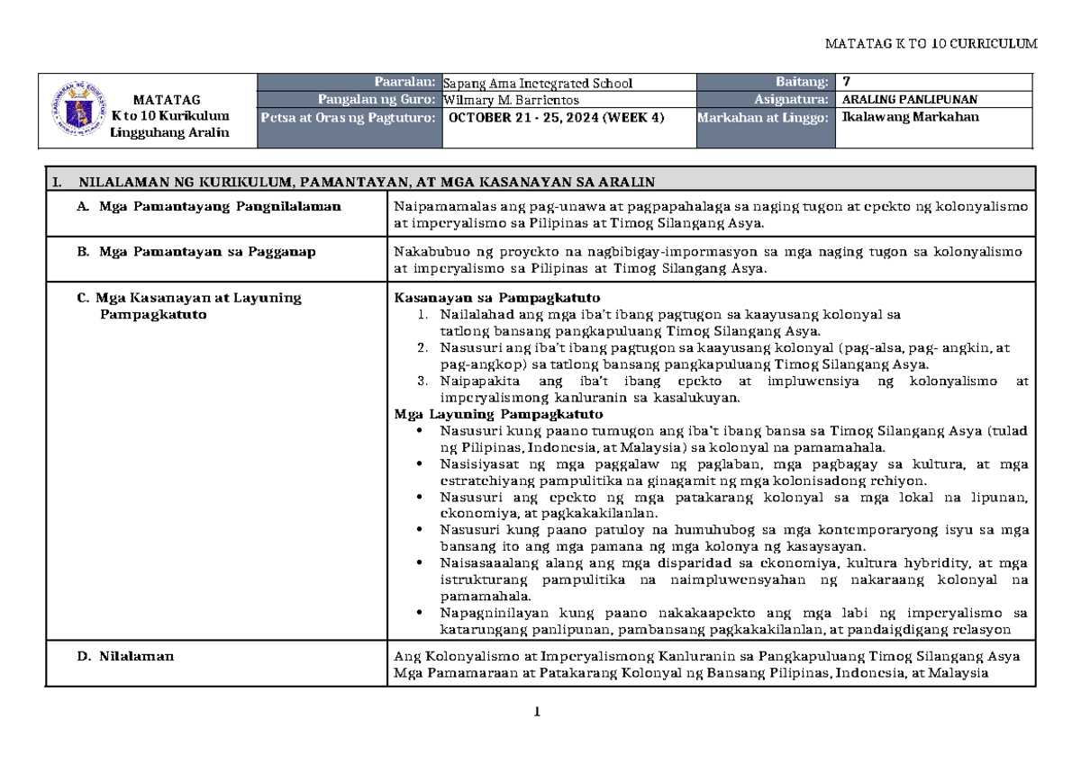 DLL Matatag Araling Panlipunan 7 Q2 W4 - MATATAG K to 10 Kurikulum Lingguhang Aralin Paaralan ...