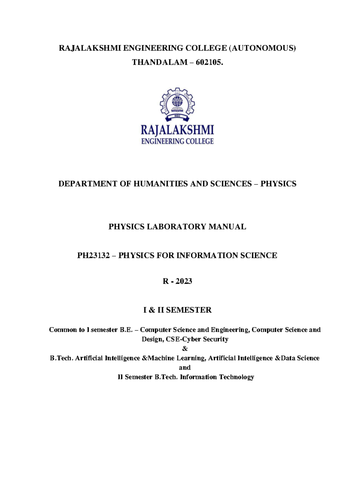 PH23132 Physics Laboratory Manual for Information Science - Studocu