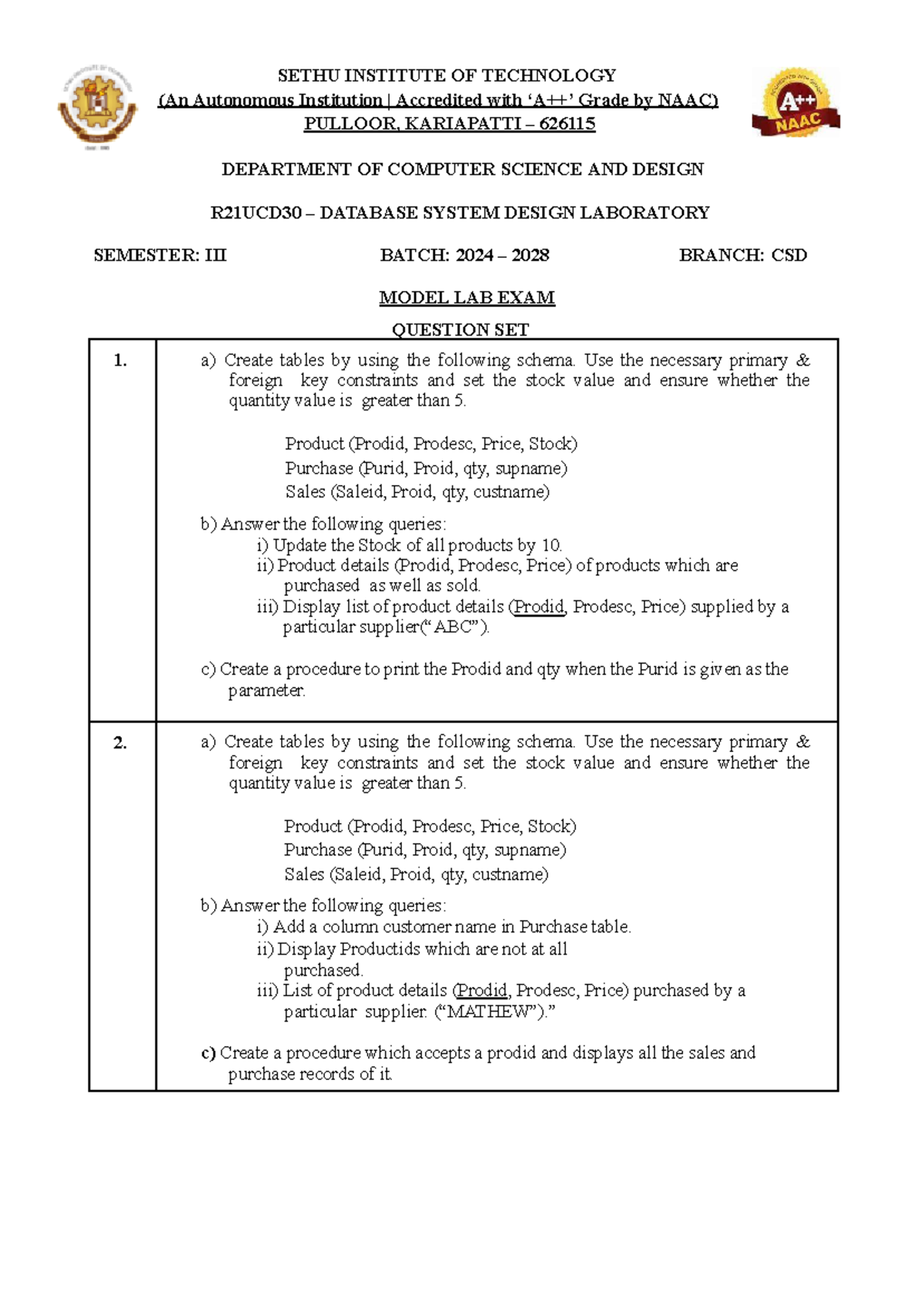 DBSD R21UCD30 Model Lab Exam Question Set for 2024 Batch - Studocu