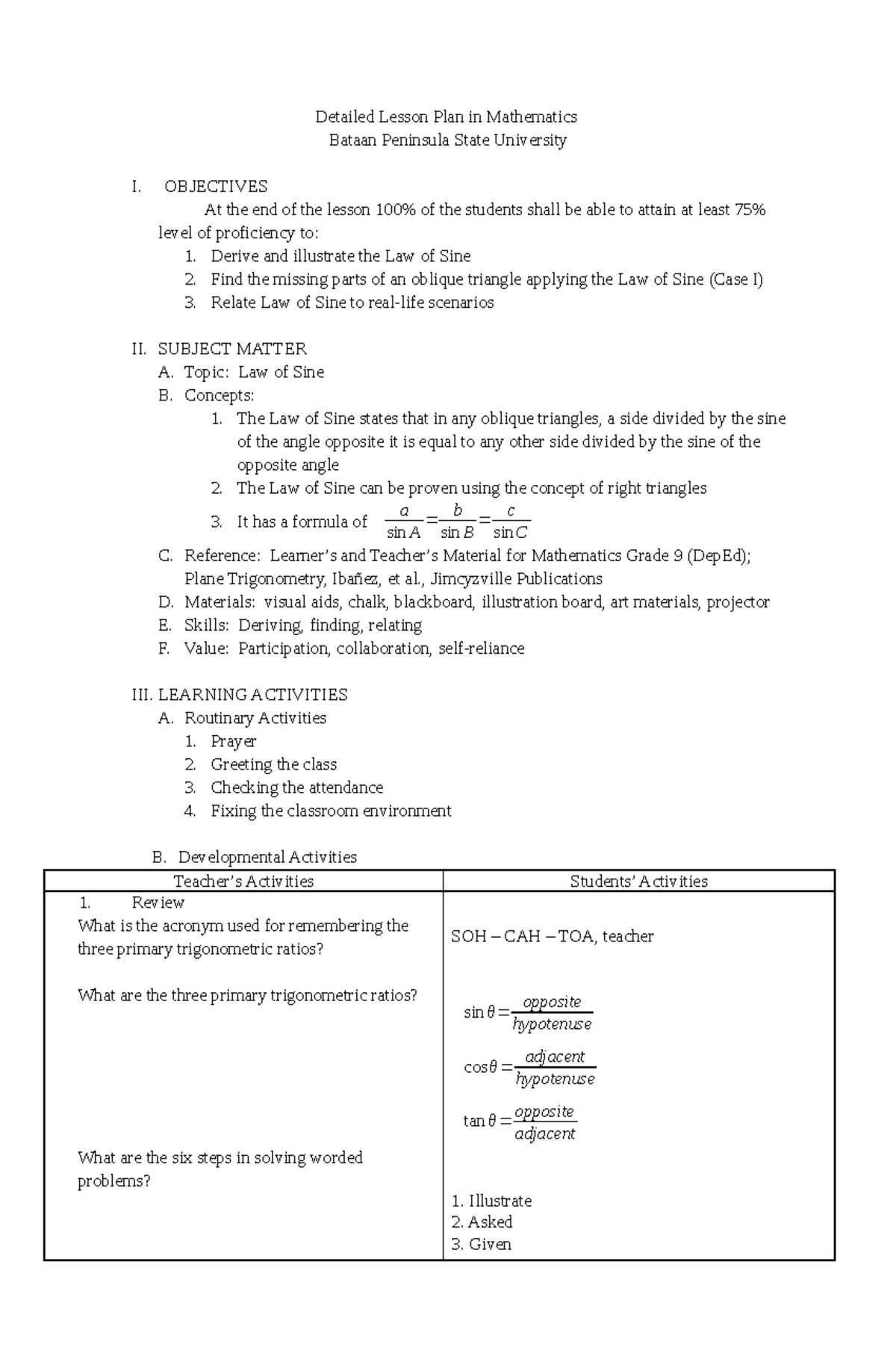 Detailed Lesson Plan on Law of Sine for Mathematics BSE 9 - Studocu