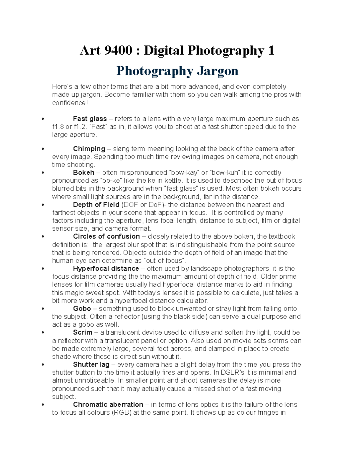 Photography Jargon: Key Terms for Art 9400 Students - Studocu