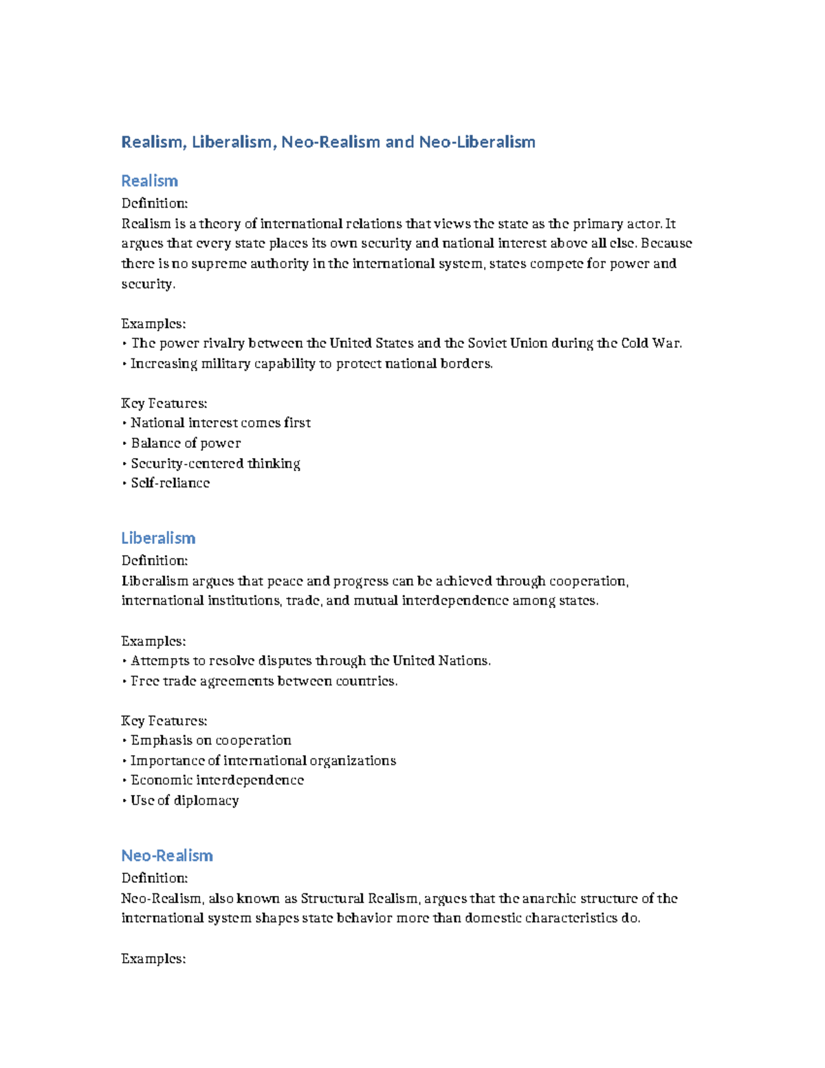 Realism and Liberalism in International Relations: Key Concepts - Studocu