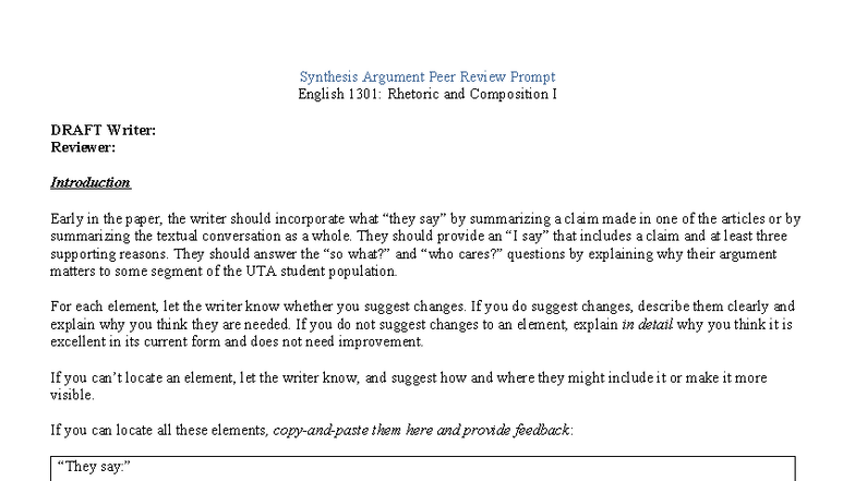Synthesis Argument Peer Review Guide ENGL 1301: Rhetoric & Comp I - Studocu