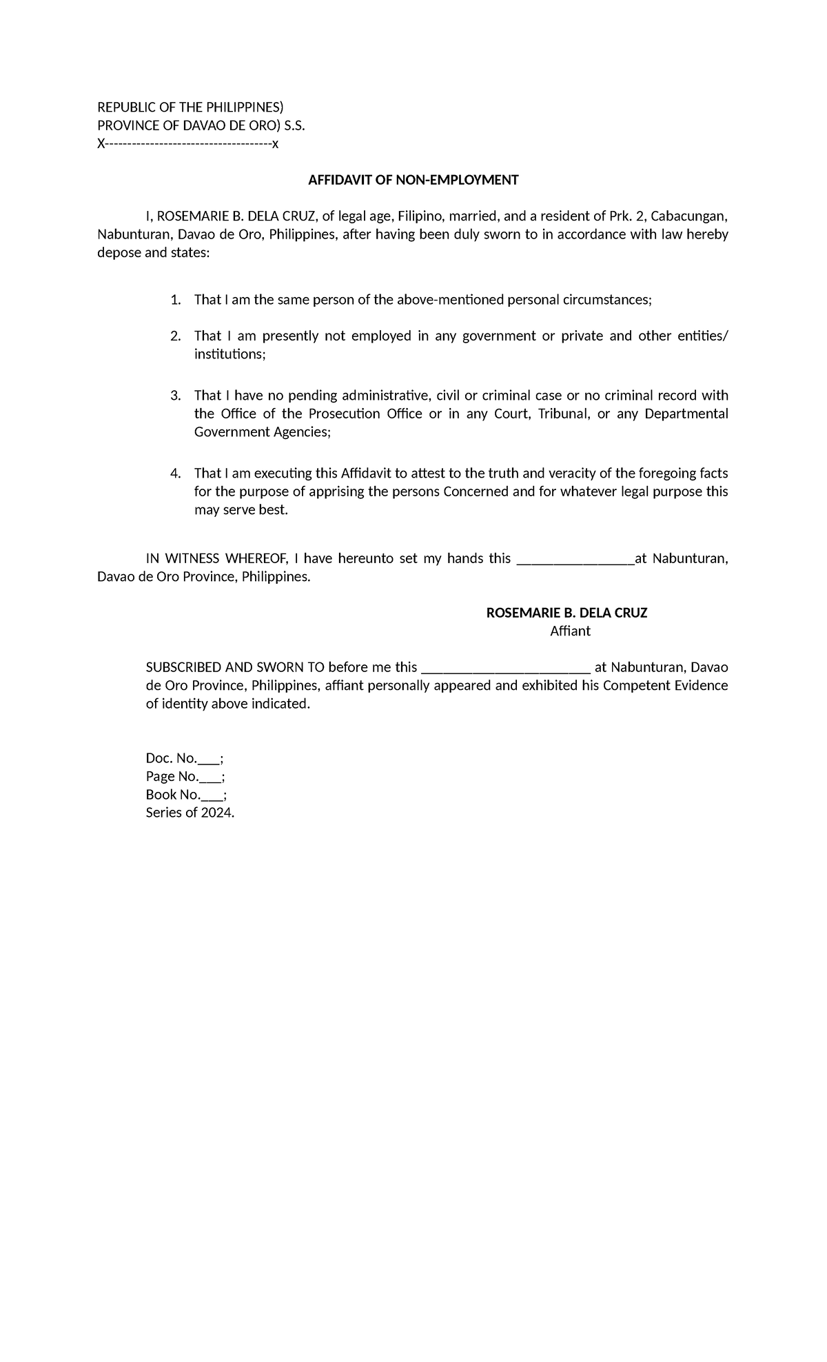 Affidavit of Non-Employment by Rosemarie B. Dela Cruz - Studocu
