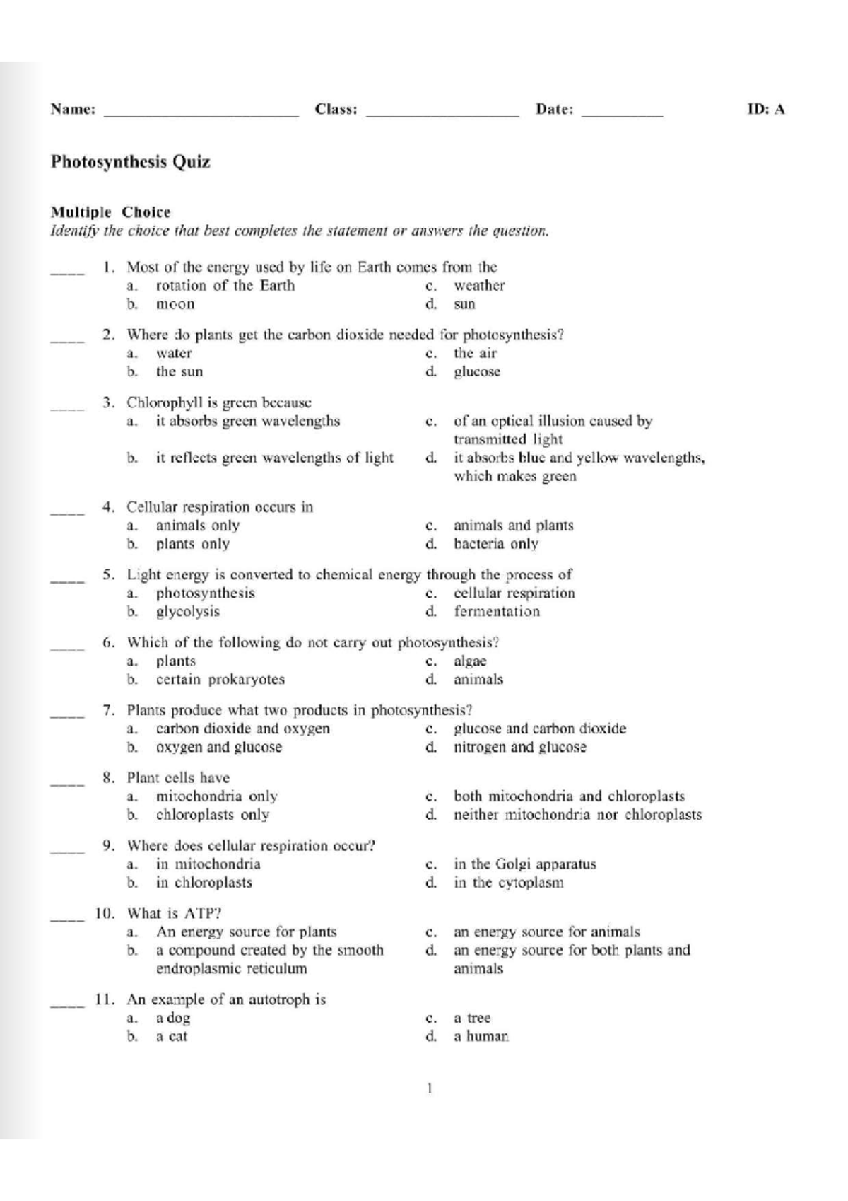 BIO 101: Photosynthesis Quiz - Multiple Choice Practice - Studocu