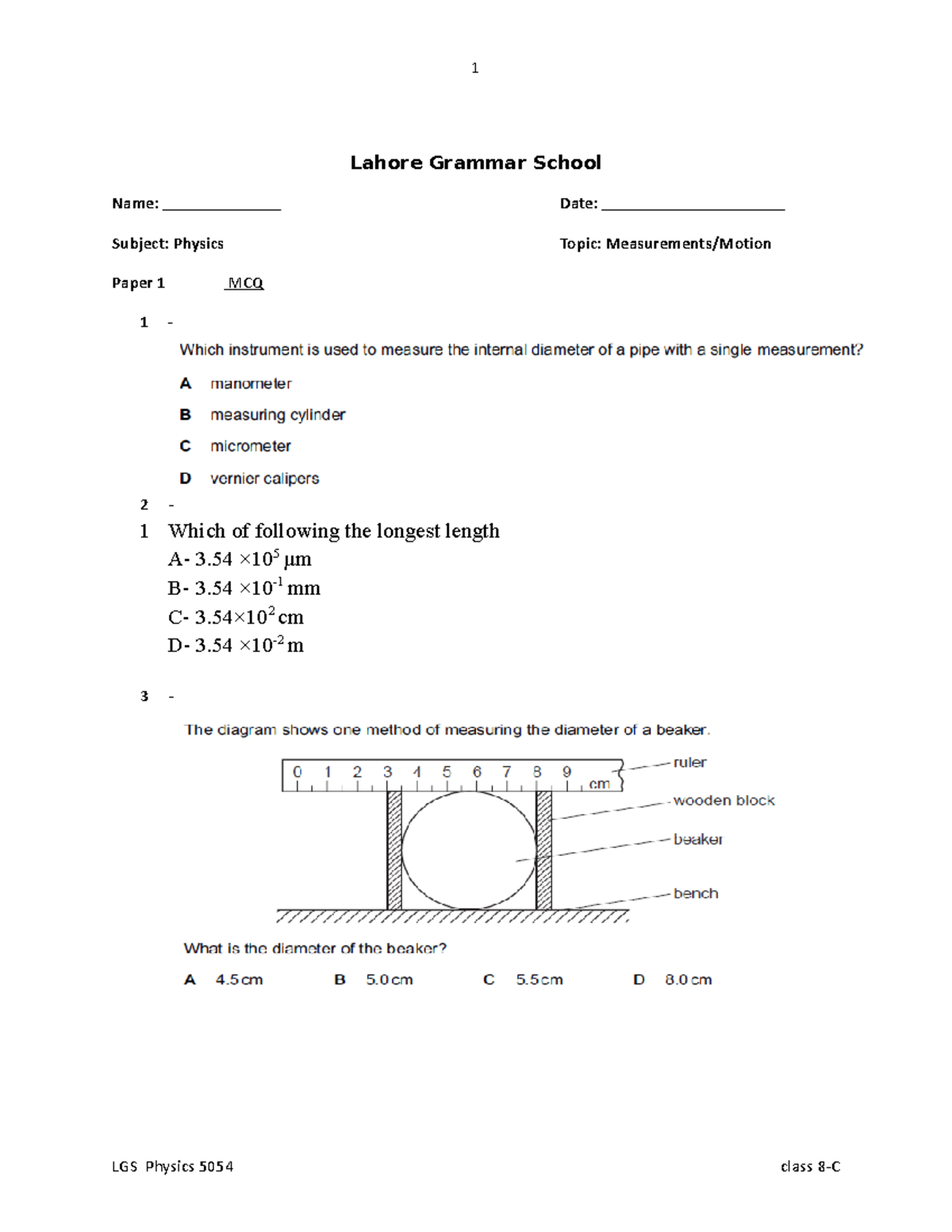 8-C 1A - Physics Test: Measurements and Motion MCQs - Studocu