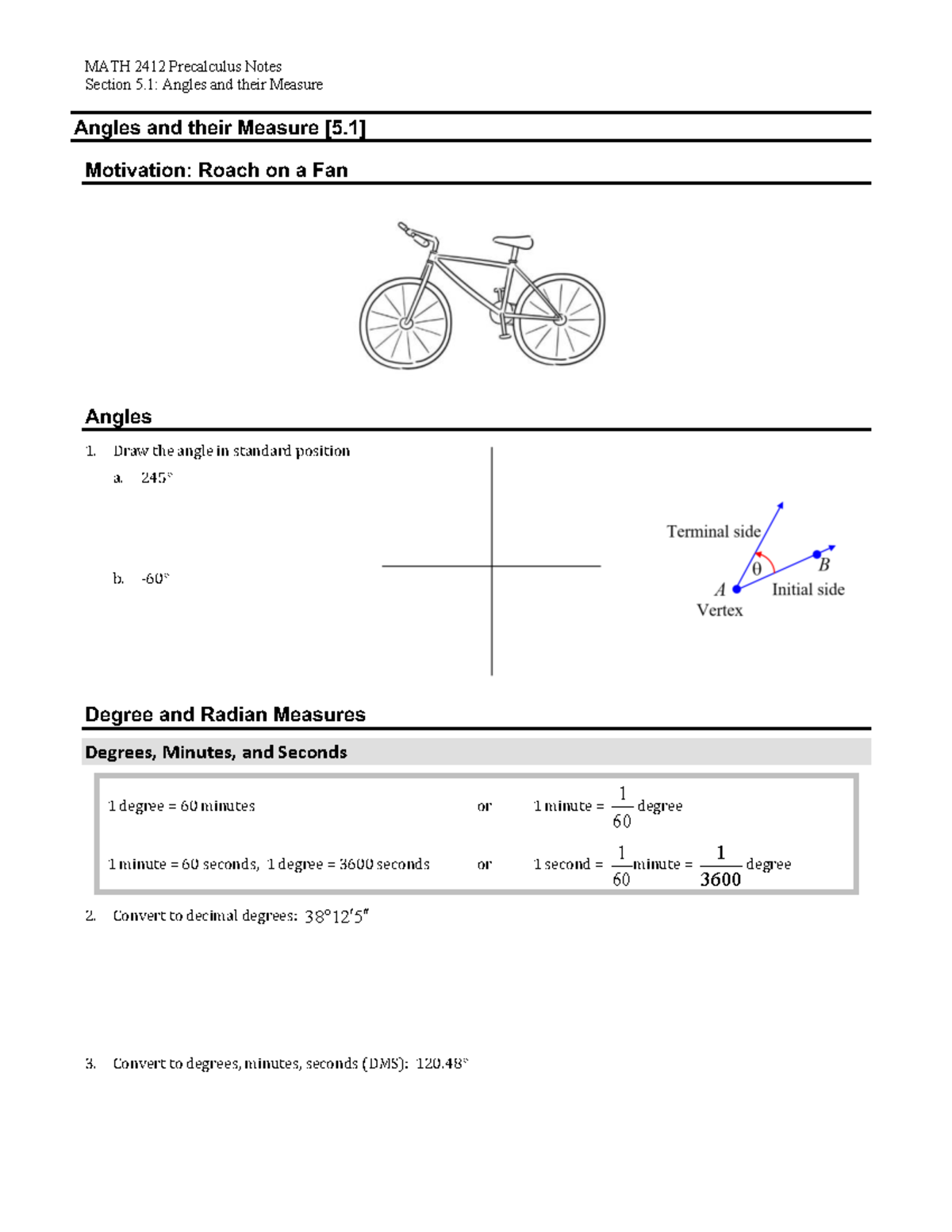 MATH 2412 Precalculus Notes: Angles & Their Measure (Sec 5.1) - Studocu
