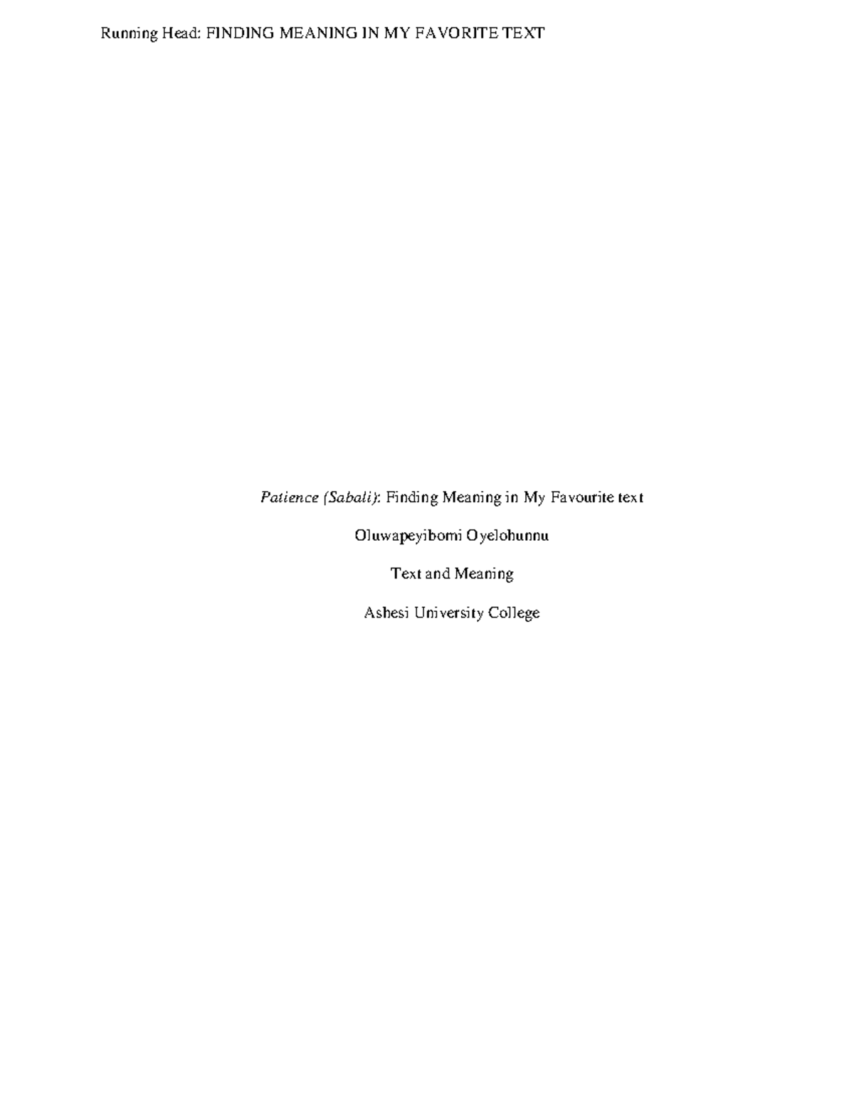 Patience (Sabali): Finding Meaning in My Favourite text - Running Head ...