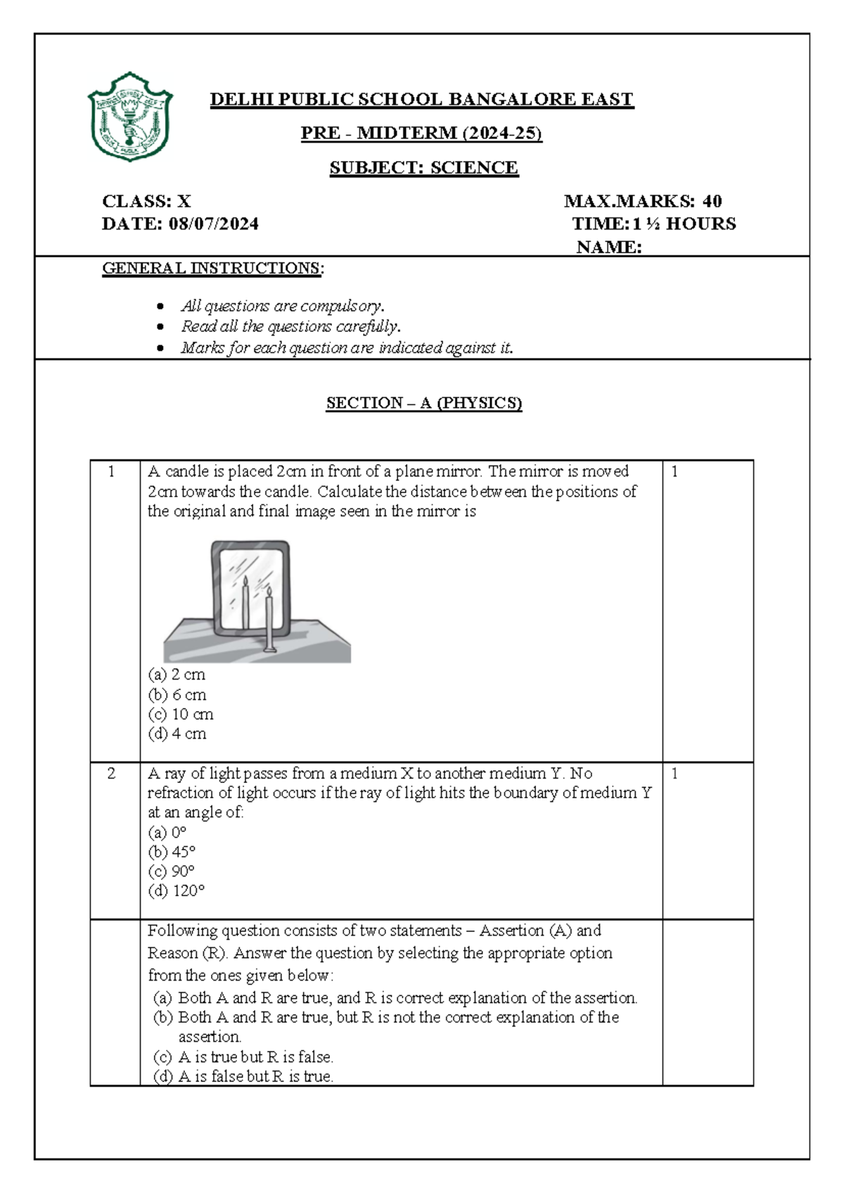 Grade 10 Science Pre-Midterm Exam Paper 2024-25 - DPS Bangalore East ...