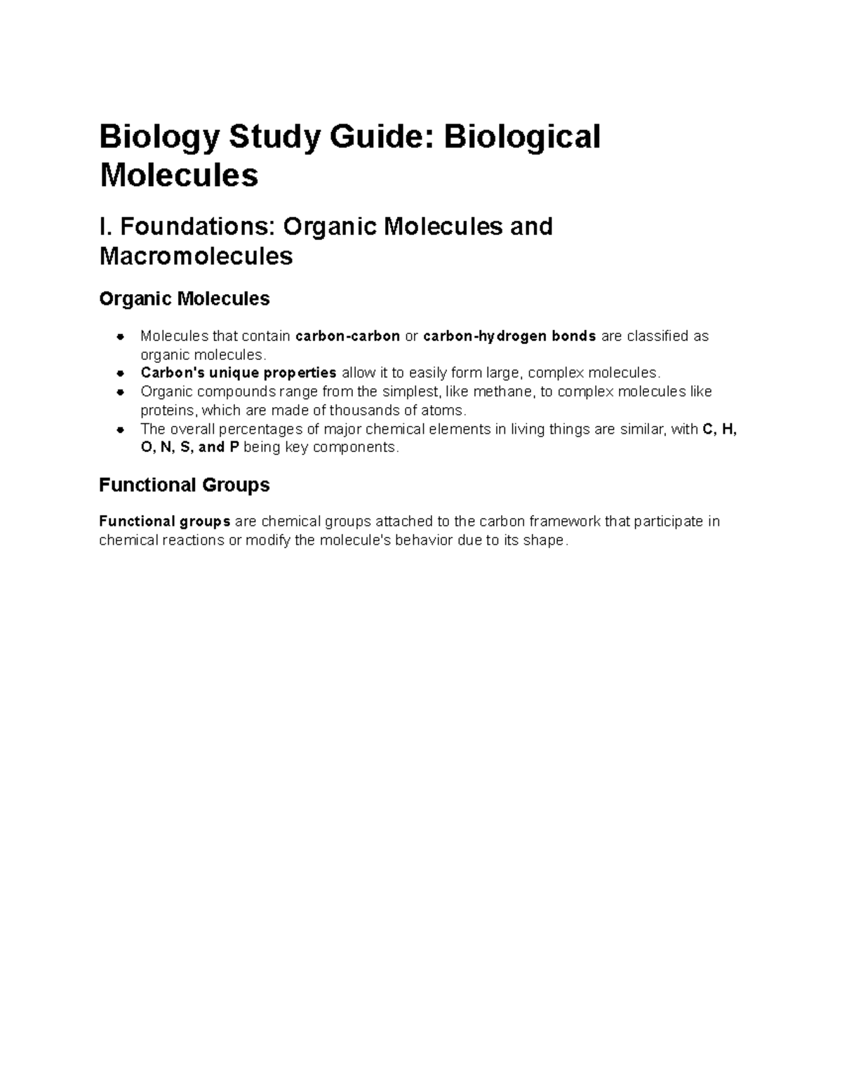 Biology Study Guide: Biological Molecules I (BIOL 101) - Studocu