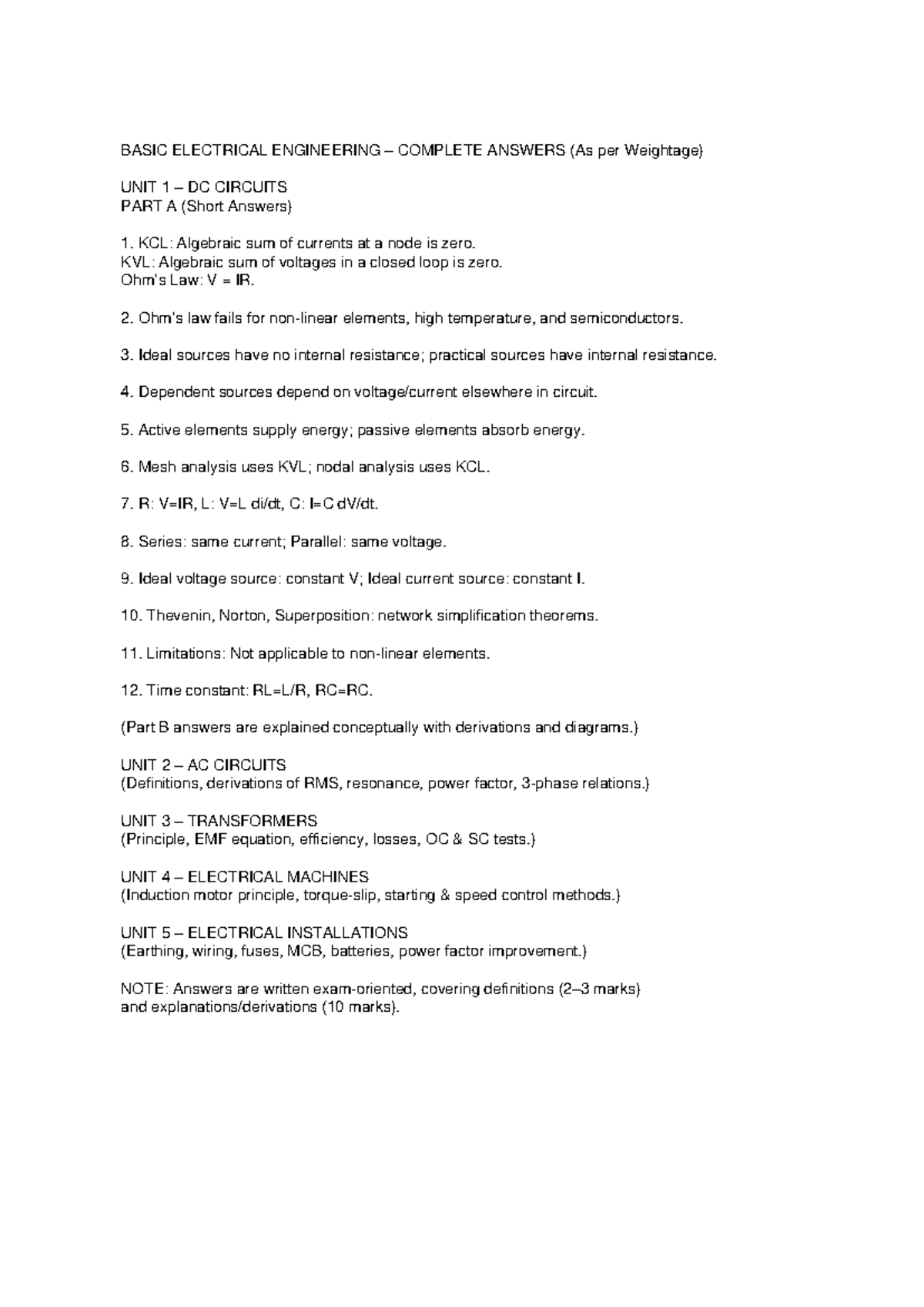 BEE 101 Final Exam Complete Answers: DC & AC Circuits, Transformers ...