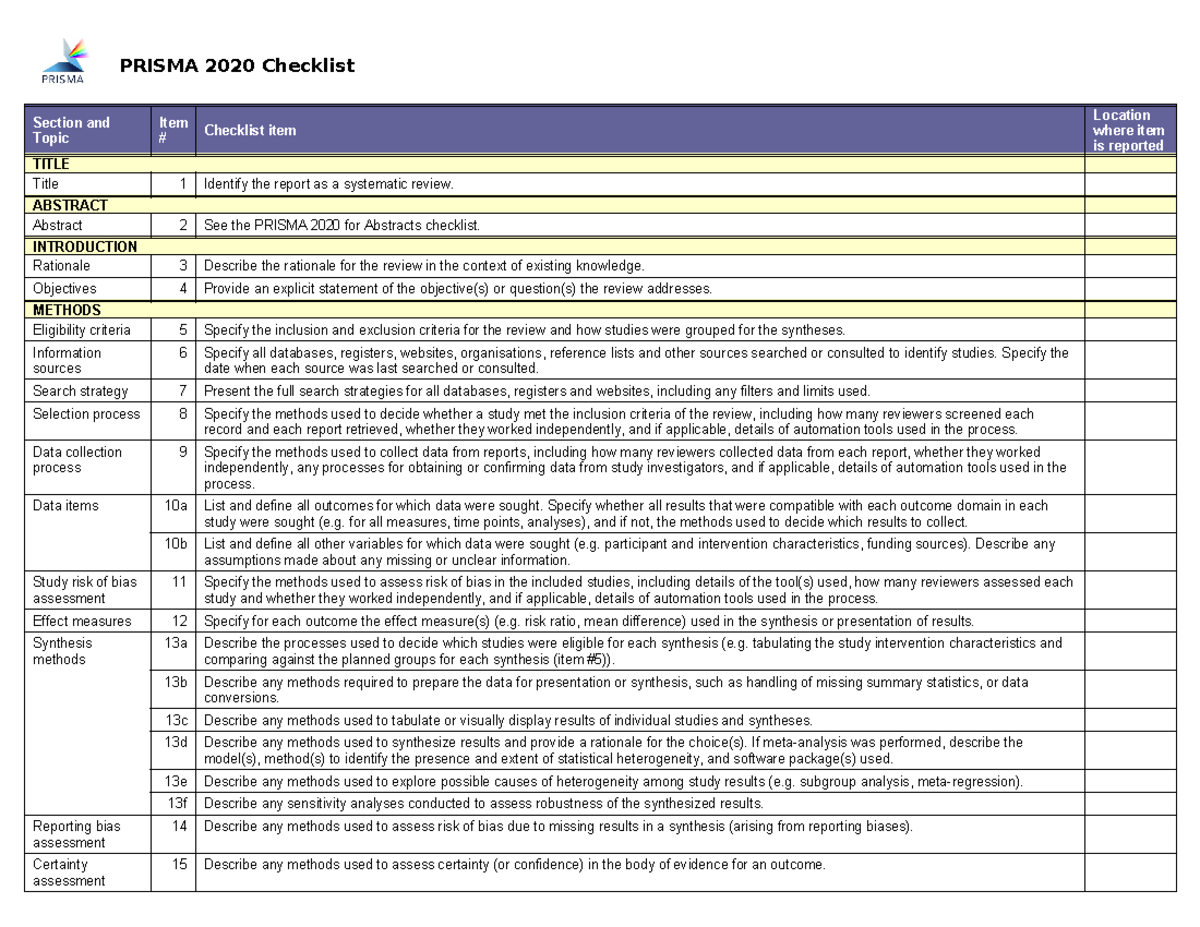 PRISMA 2020 Checklist for Systematic Review Reporting Standards - Studocu