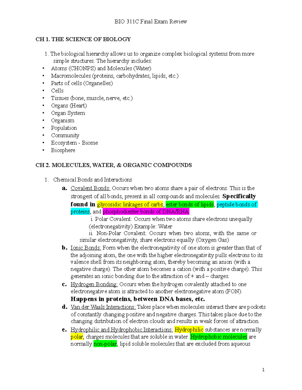 BIO 311C Comprehensive Final Exam Review Guide - Studocu
