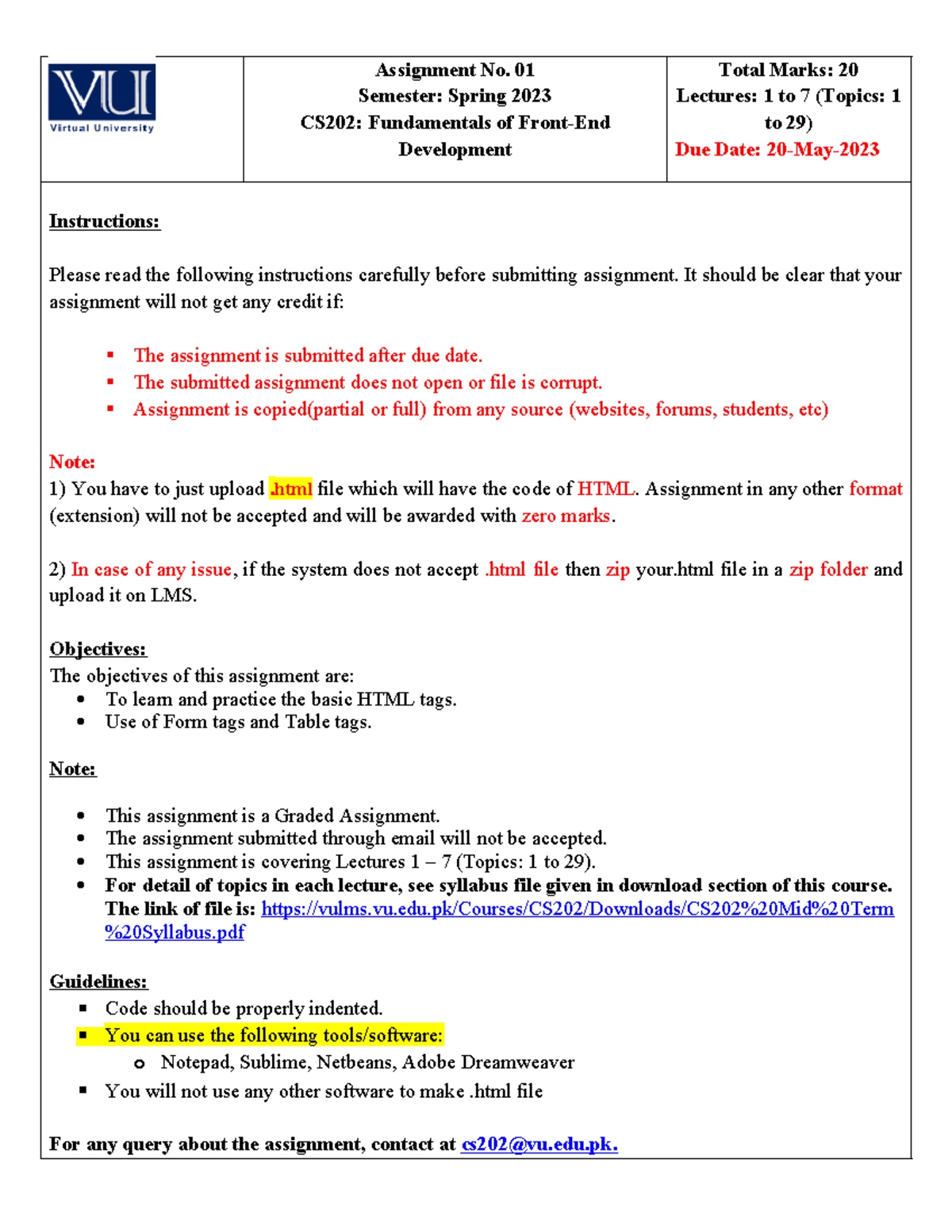 Spring 2023 CS202 1 - helpful - Assignment No. 01 Semester: Spring 2023 CS202: Fundamentals of ...