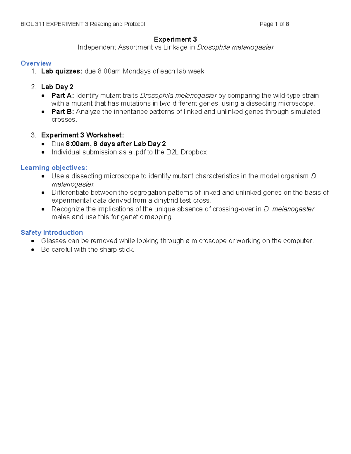 BIOL 311 EXPERIMENT 3: Independent Assortment vs Linkage in Drosophila ...