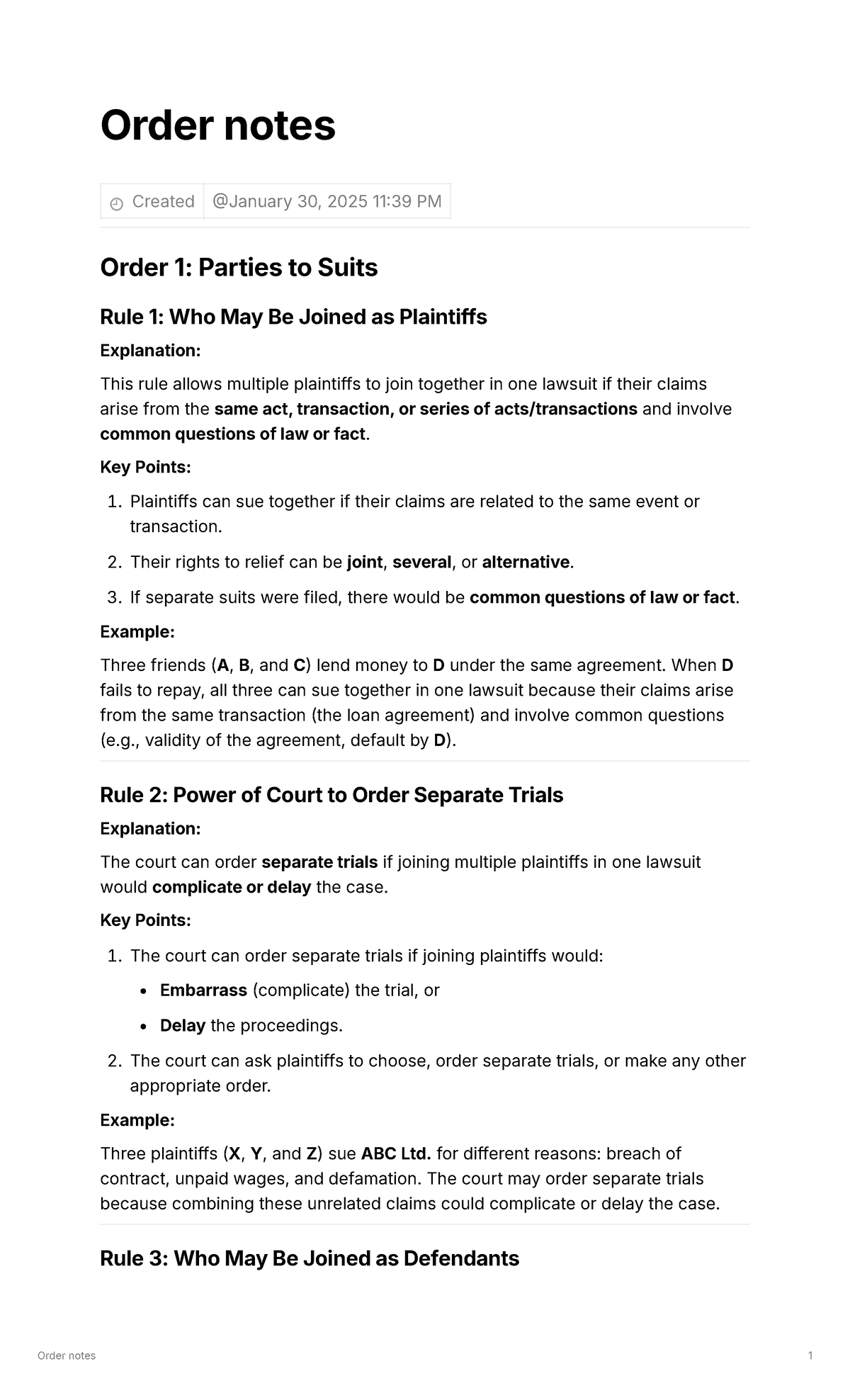 Order notes - Order notes Created Order 1: Parties to Suits Rule 1: Who ...