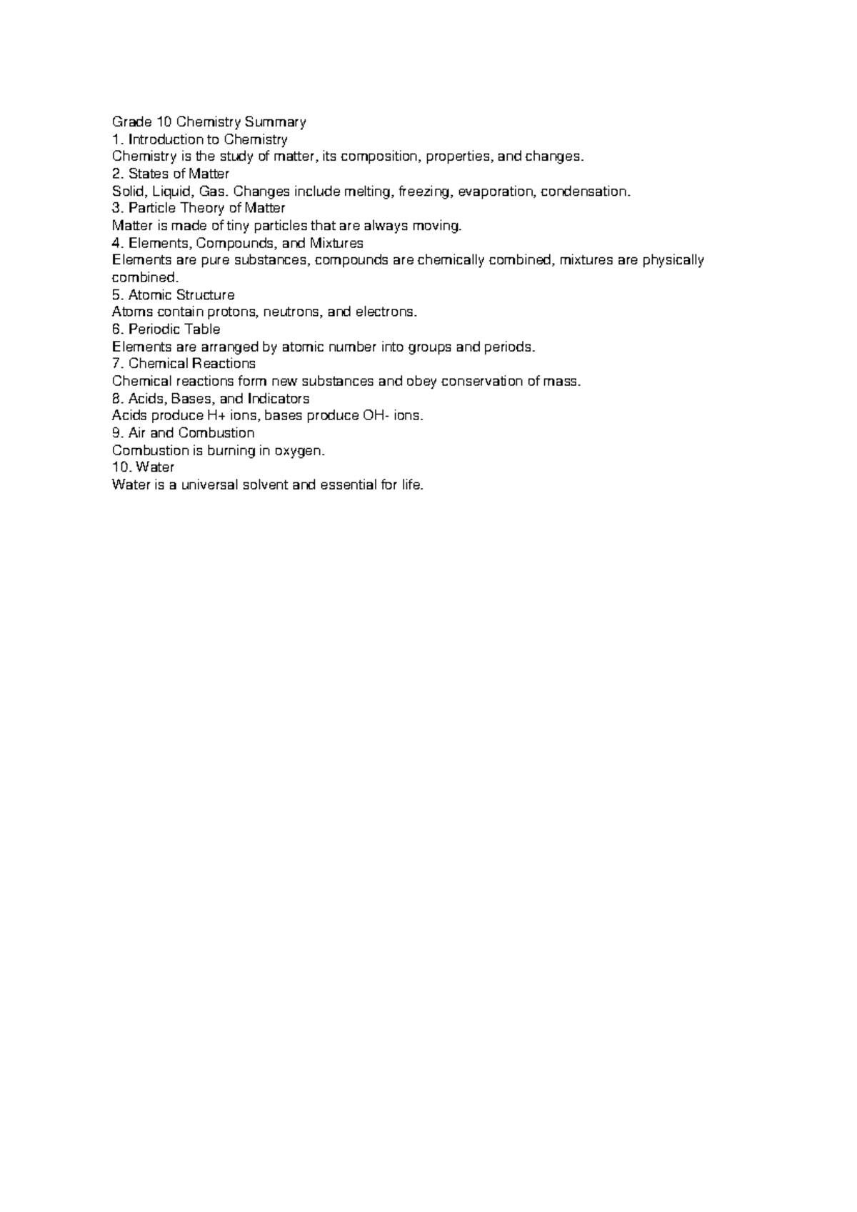 Grade 10 Chemistry Summary: Key Concepts and Principles - Studocu