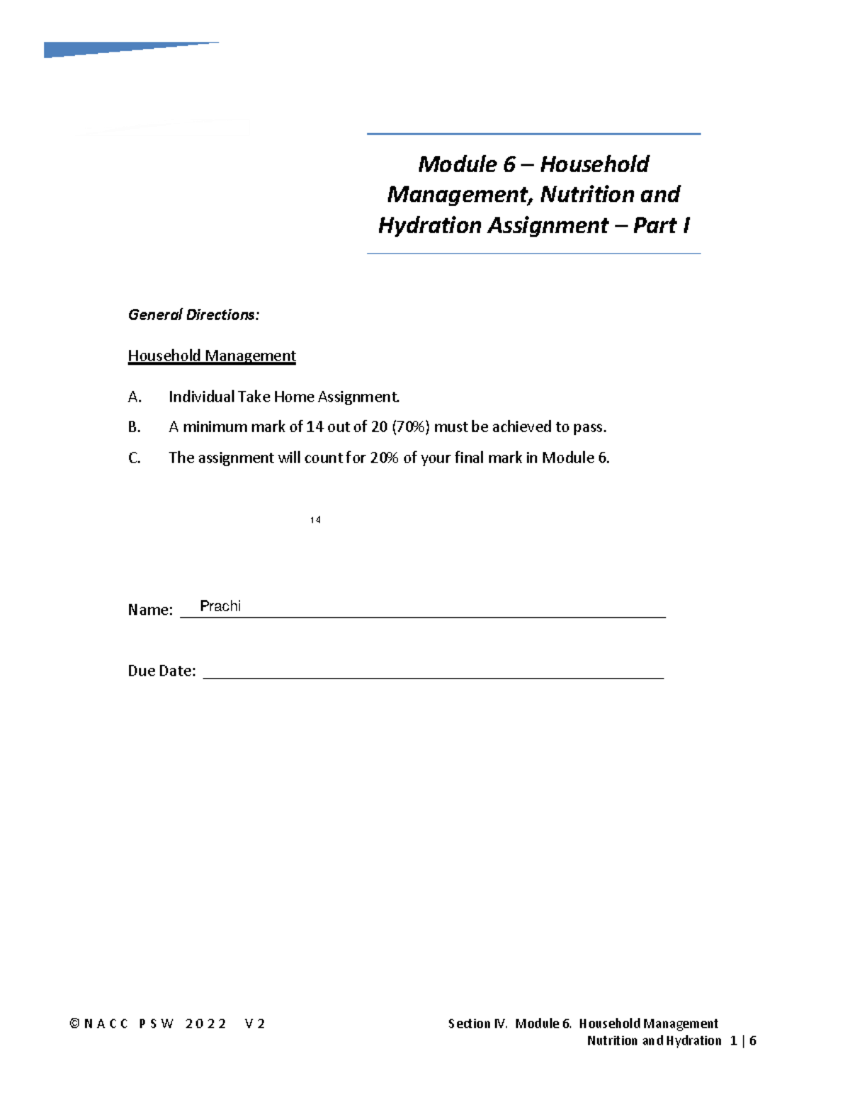 14M6A1 - Module 6 Household Management, Nutrition & Hydration ...