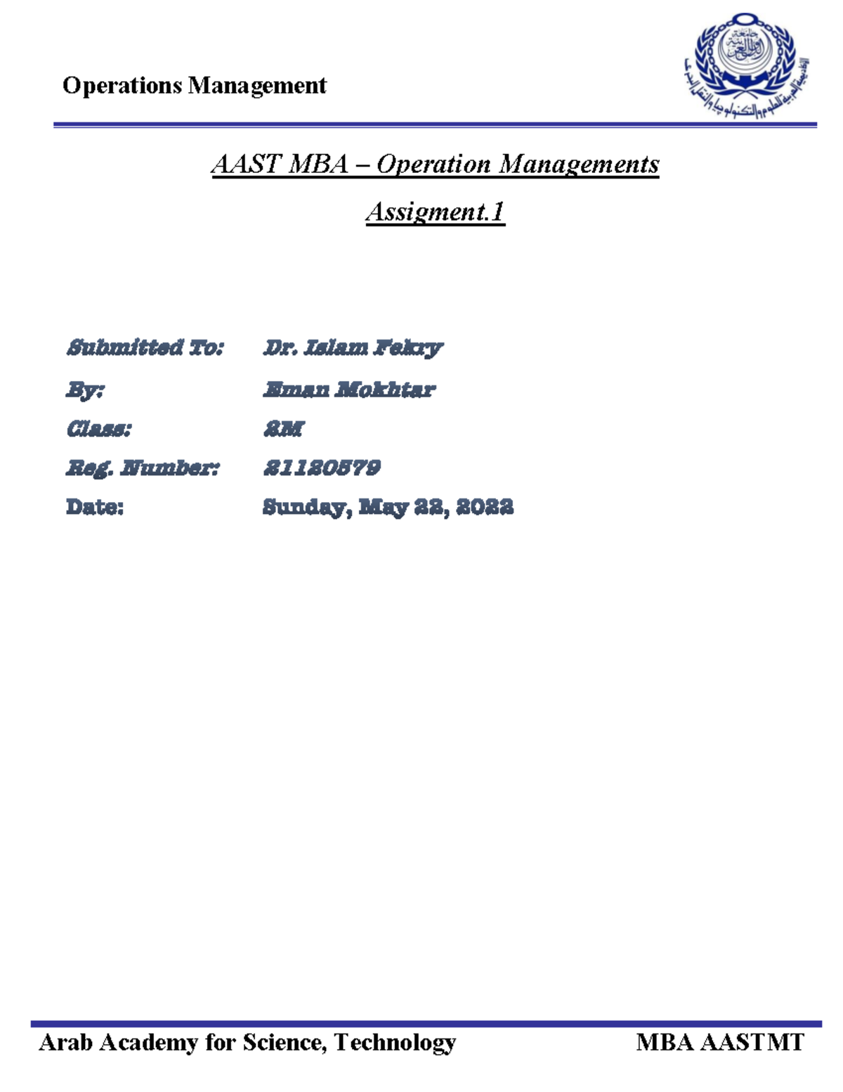AAST MBA - Operations Management Assignment: Analyzing Productivity ...